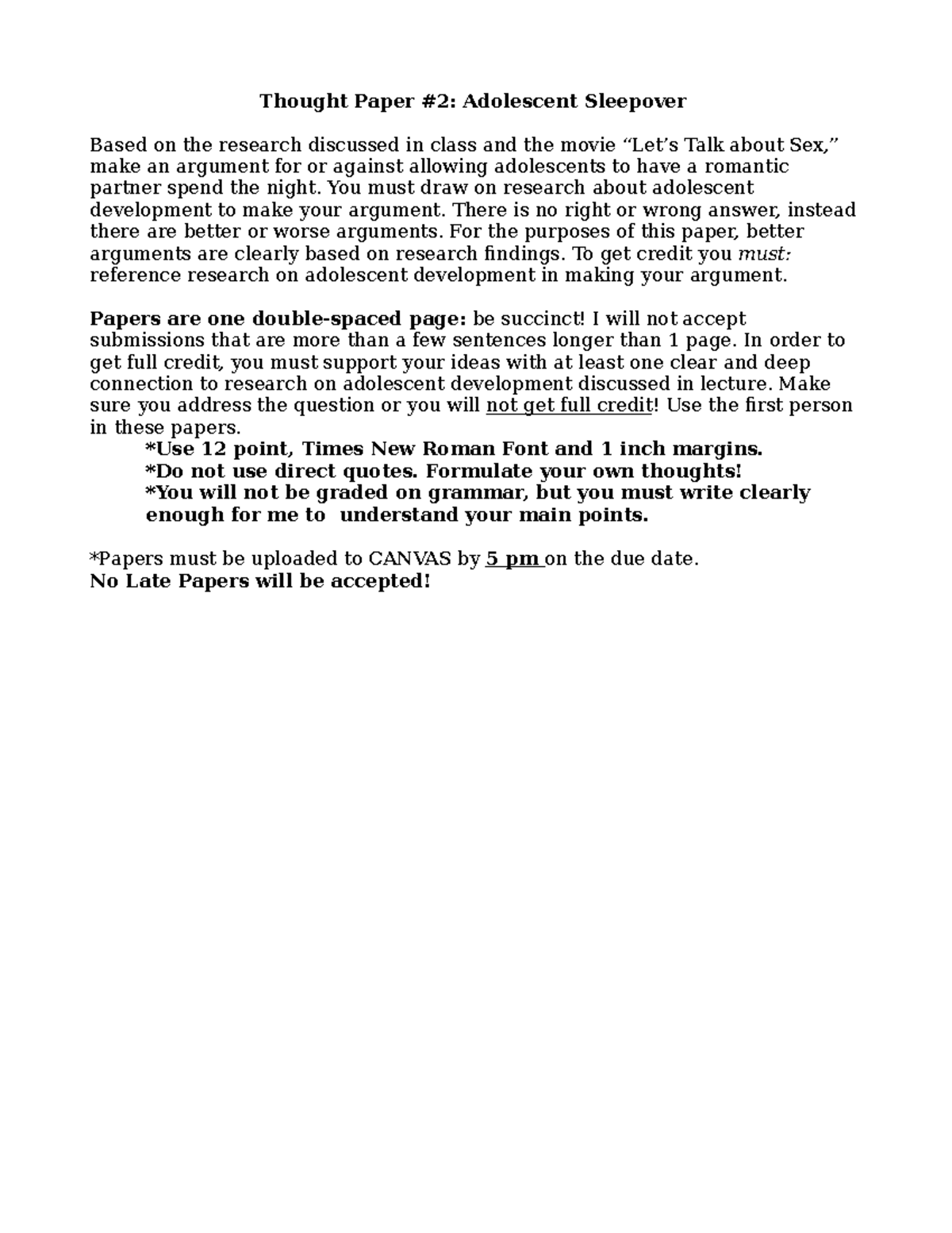 Thought Paper # 2 - Thought Paper #2: Adolescent Sleepover Based on the ...