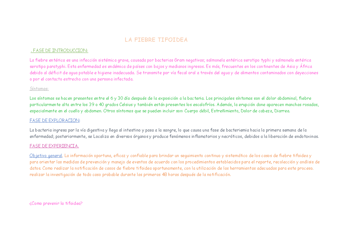 LA Fiebre Tifoidea - LA FIEBRE TIFOIDEA . FASE DE INTRODUCCION: La ...