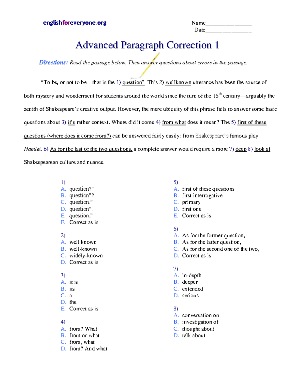 Advanced Paragraph Correction 1 - englishforeveryone Name ...