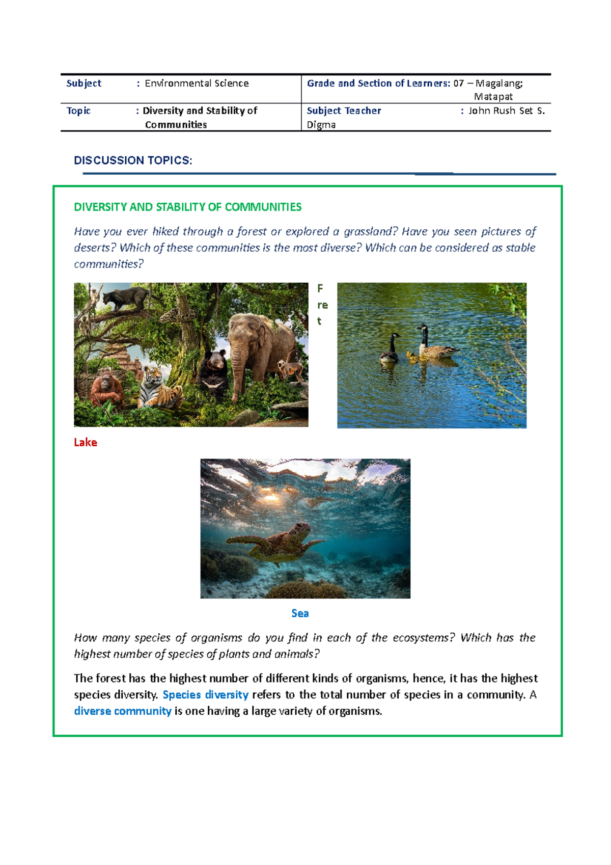 Environmental Science : Diversity and Stability of Community - Subject ...