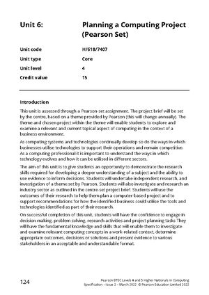 HND B13 Assignment Unit 6 - Planning a Computing Project - Prepared by: Higher Education - Studocu