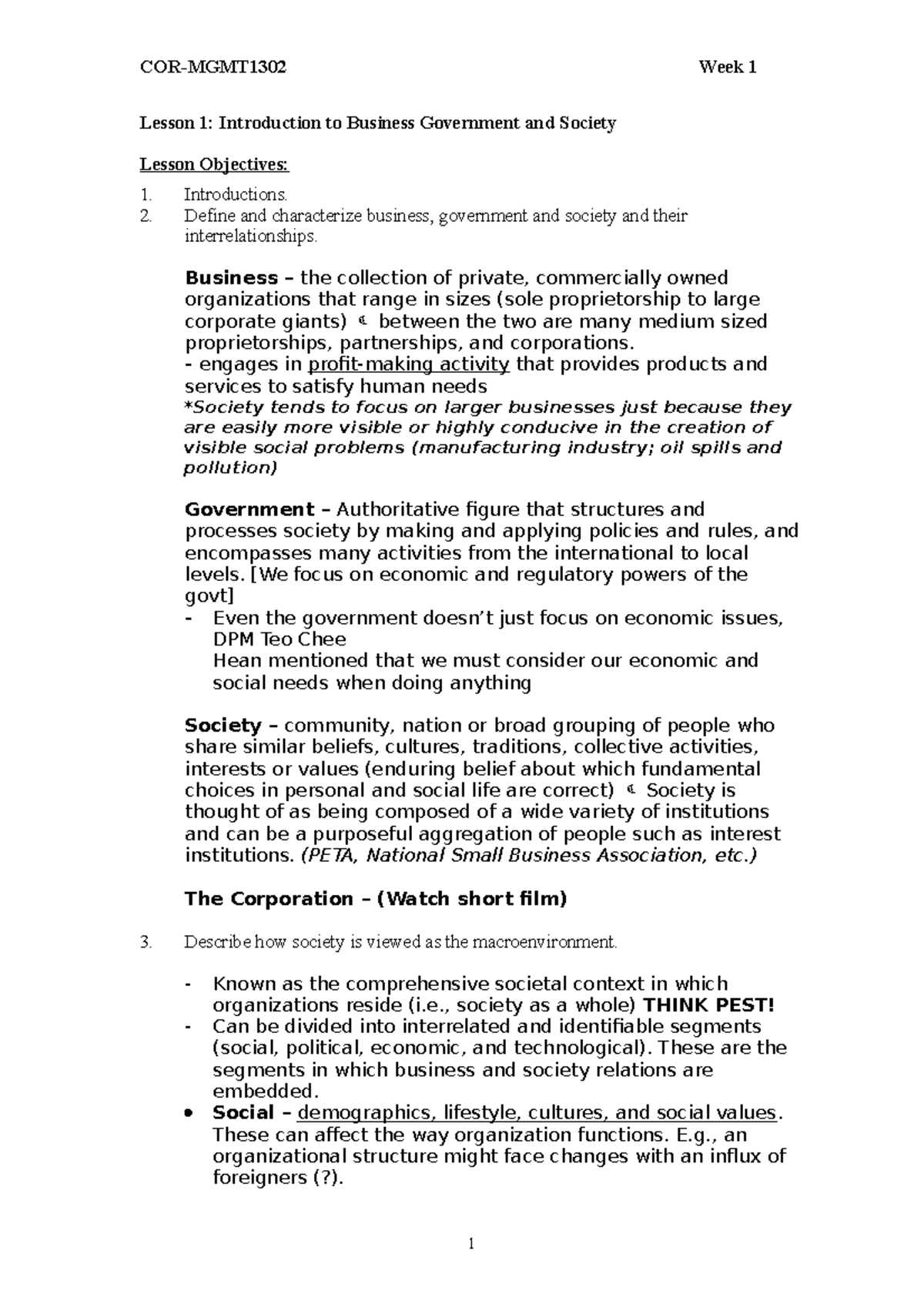 Week 1 Notes BGS - Jwee Ping Er - Lesson 1: Introduction to Business ...