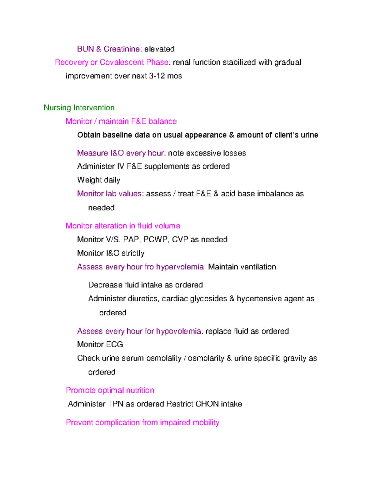 BUN AND Creatinine - summary - BUN & Creatinine: elevated Recovery or ...