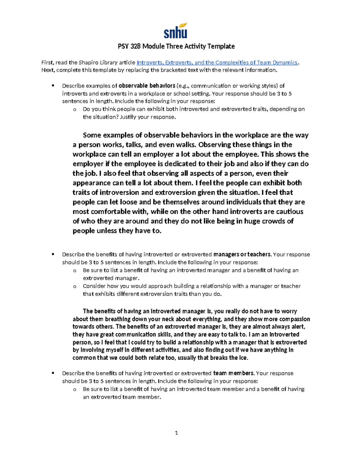 PSY 328 Module Three Activity Template Theories of Personality - PSY ...