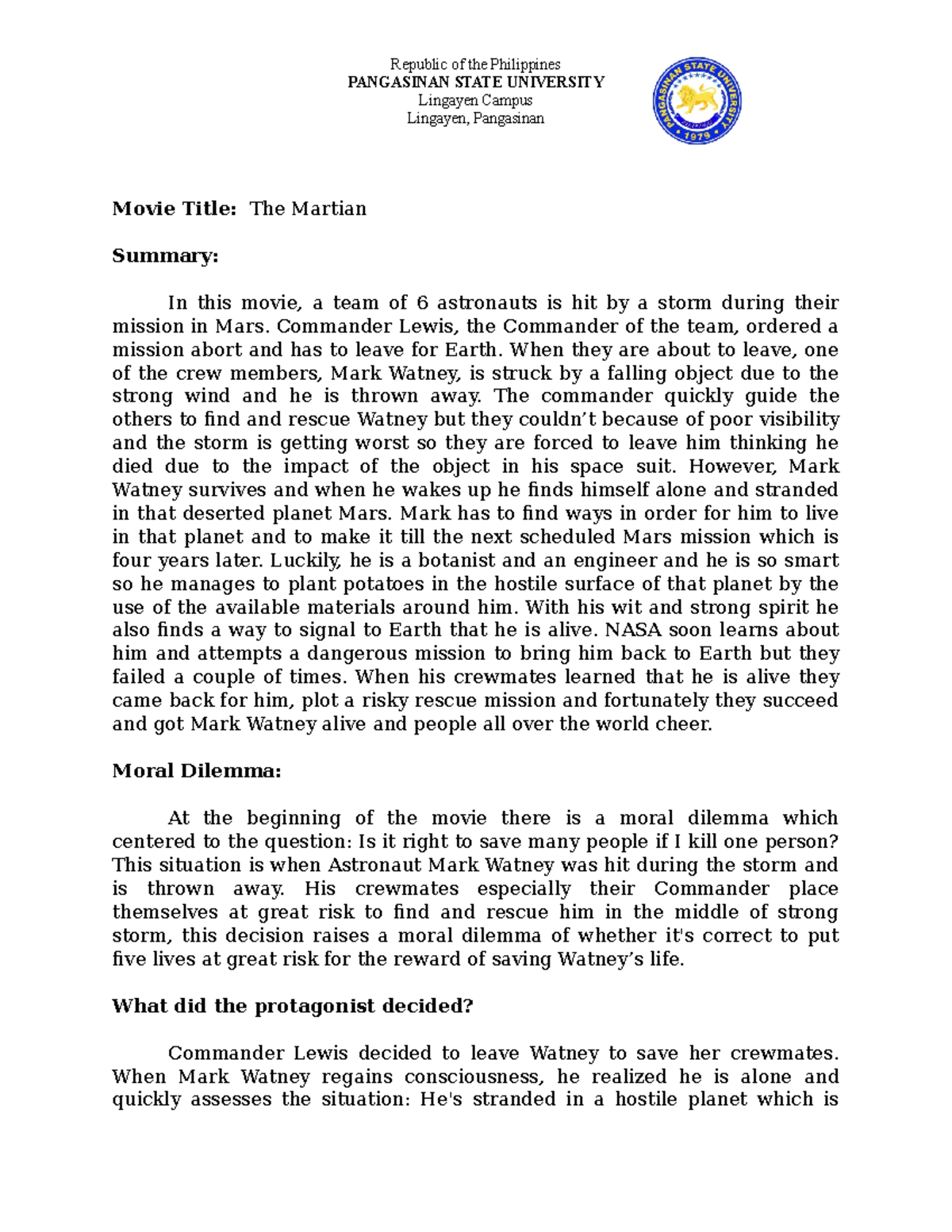 The Martian Movie Review - Bachelor of Secondary Education - MAPEH ...