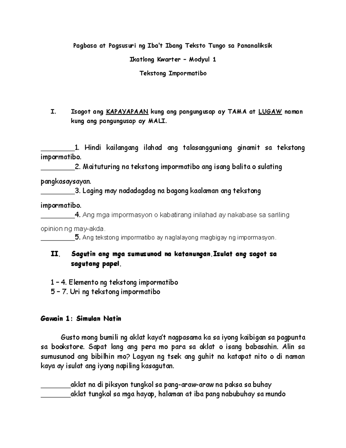 Kwarter 3 Modyul 1 Pagbasa Impormatibong Teksto - Pagbasa at Pagsusuri ...