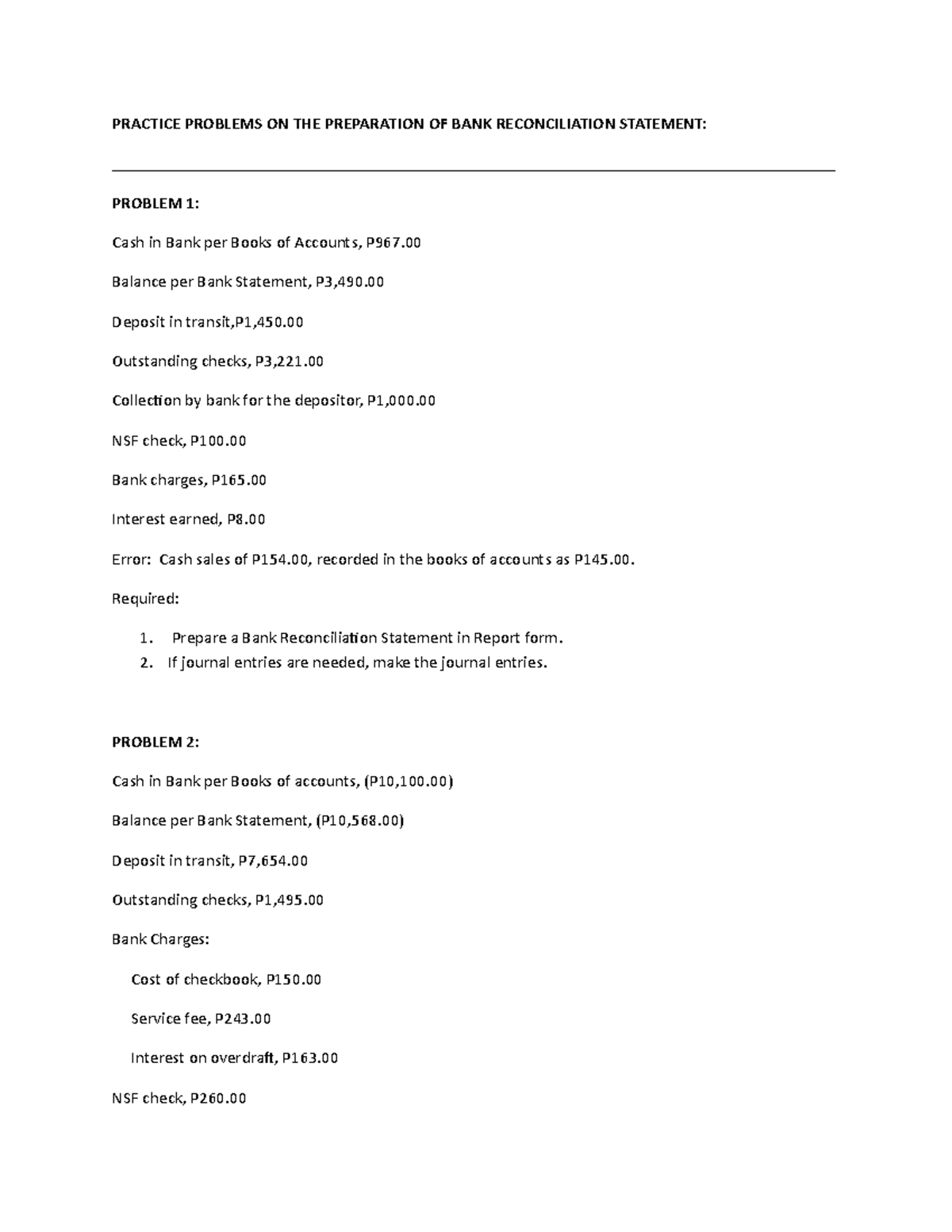 Practice Problem for Bank Reconciliation - PRACTICE PROBLEMS ON THE ...