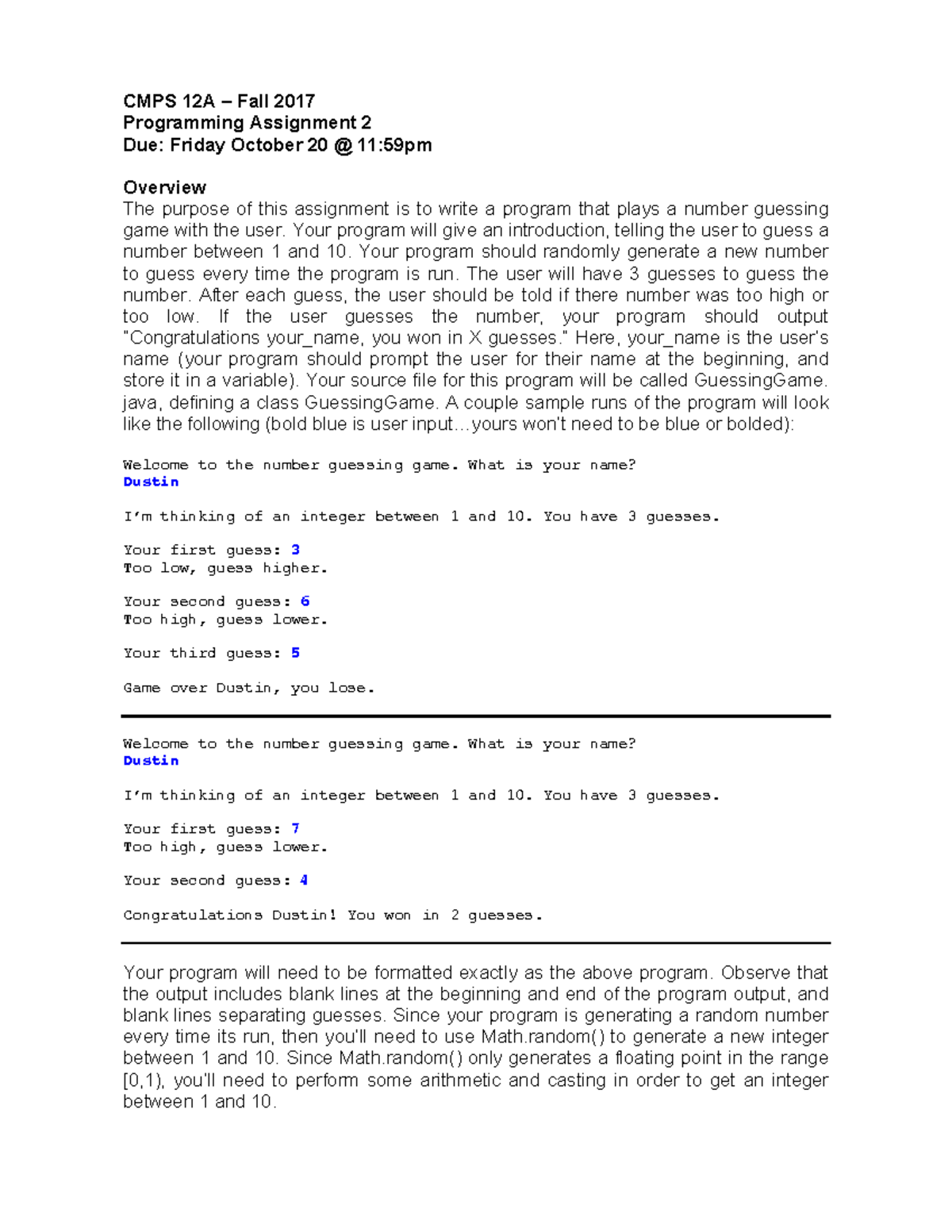 CMPS 12A fall 2017 PA2 - CMPS 12A – Fall 2017 Programming Assignment 2 Due: Friday October 20 ...