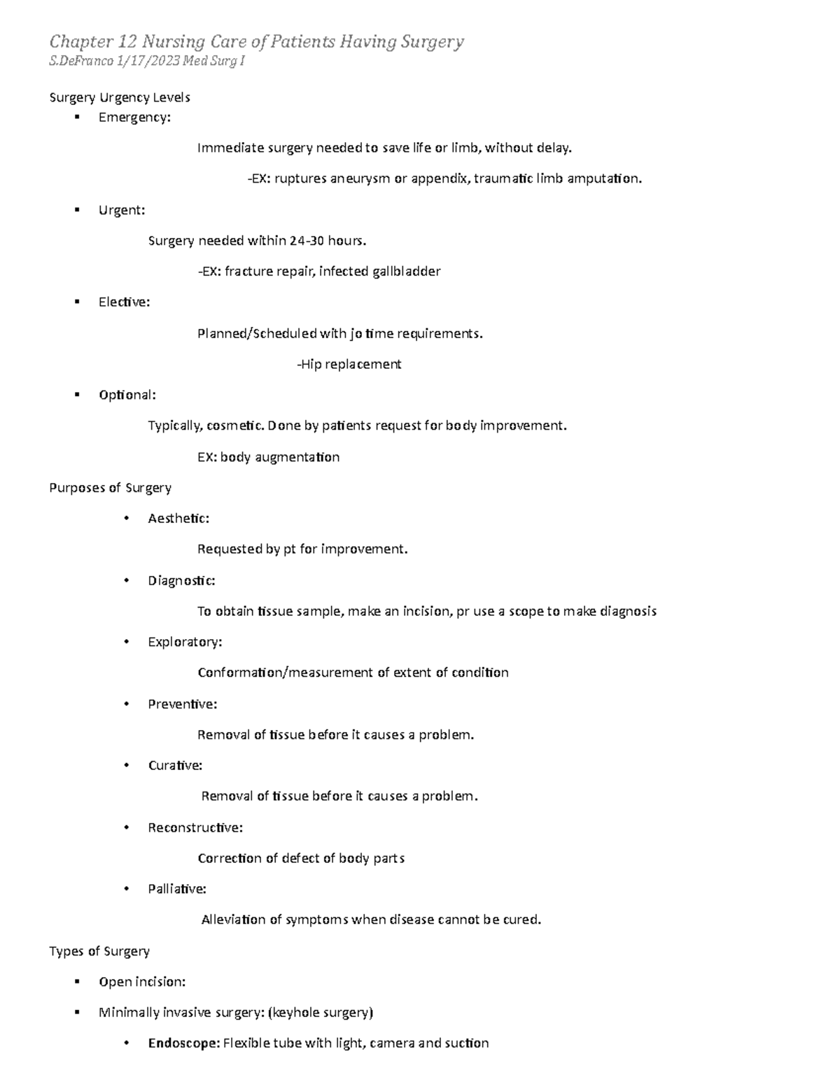 Chapter 12 Student Outline - S 1/17/2023 Med Surg I Surgery Urgency ...
