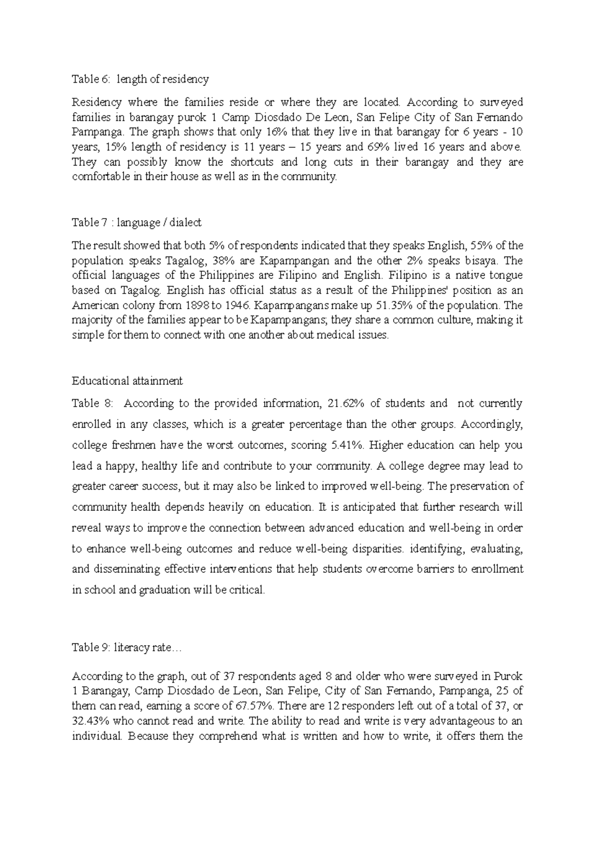 Analysis - hello - Table 6: length of residency Residency where the ...