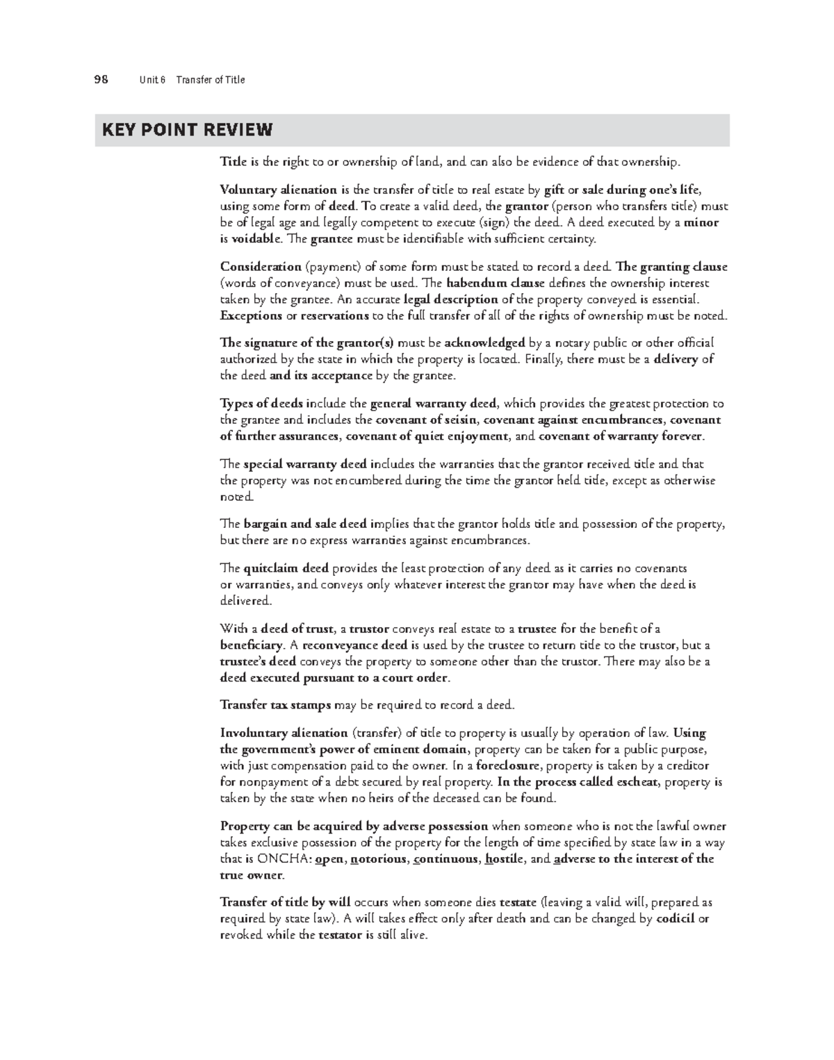 Chapter 6 review - KEY POINT REVIEW Title is the right to or ownership ...