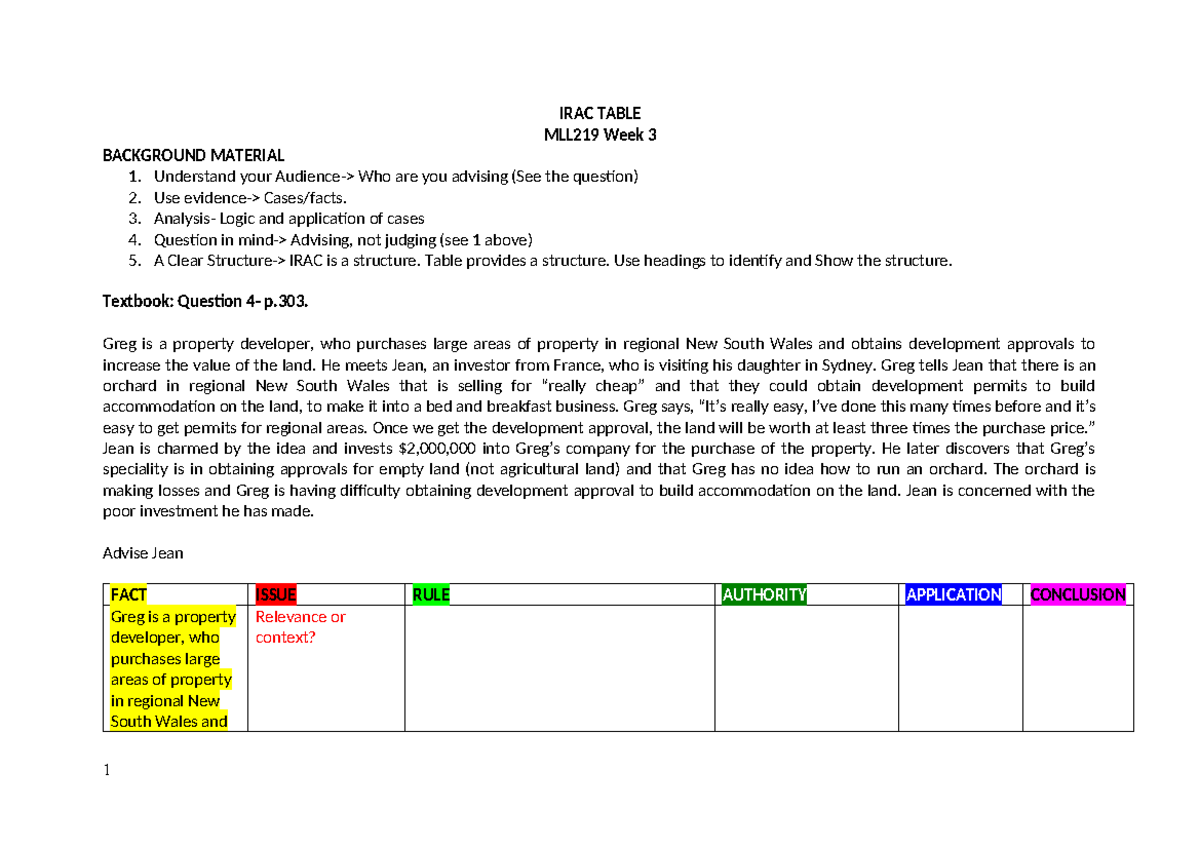 IRAC Planning Table and Sample Answers for Greg and Jean Problem ...