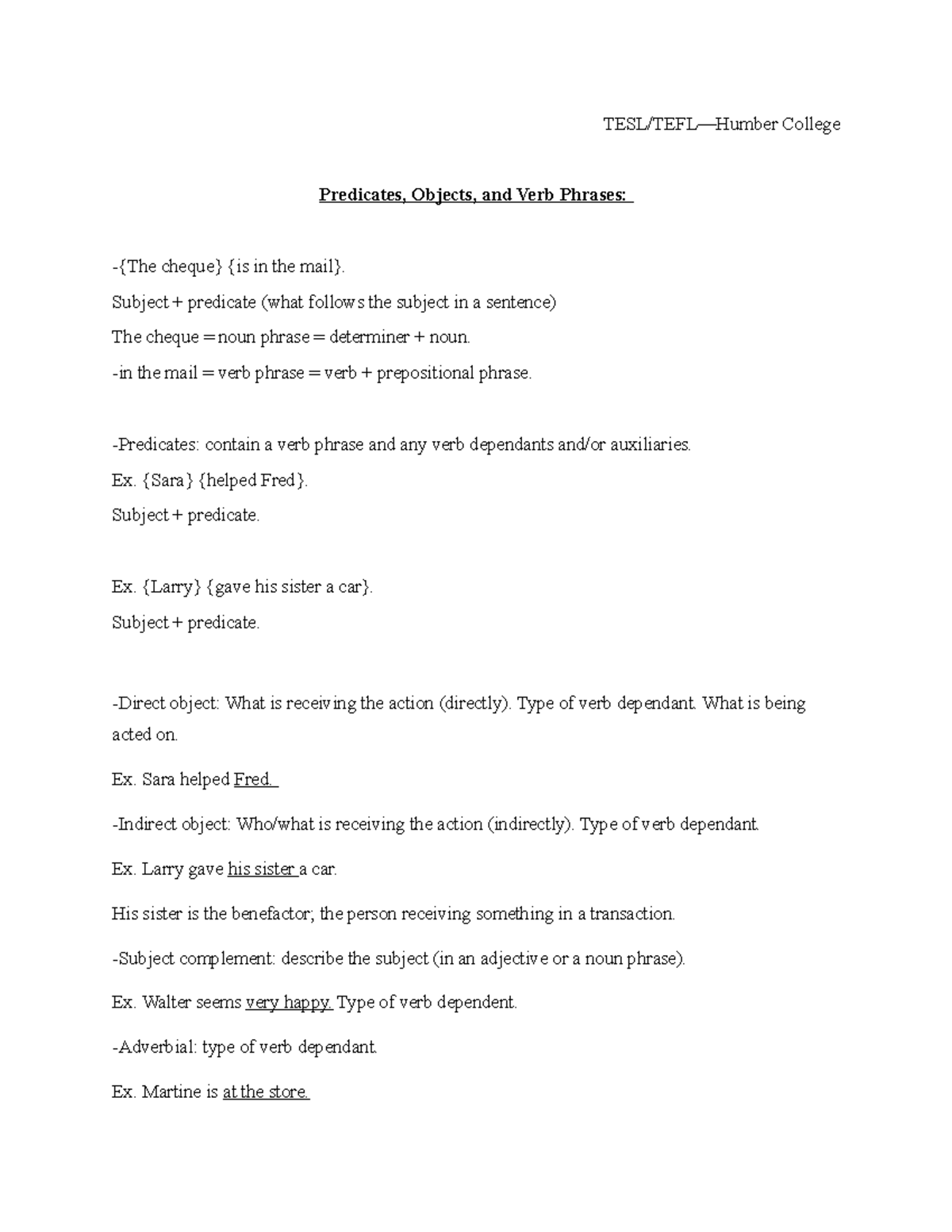 Objects, Predicates, and Verb Phrases - TESL/TEFL—Humber College ...