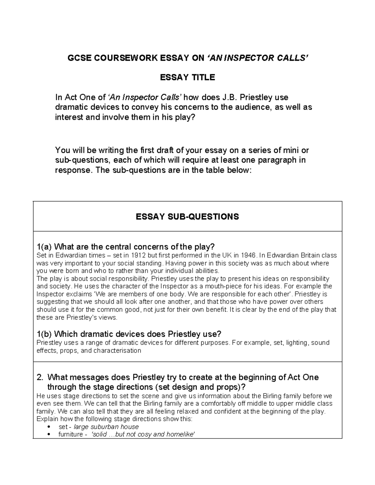 An Inspector Calls Essay catch-up essay plan - GCSE COURSEWORK ESSAY ON ...