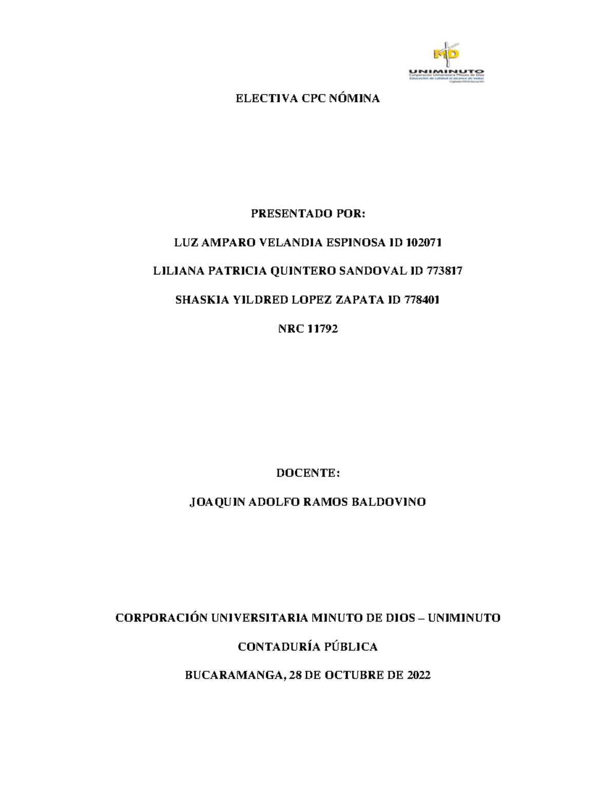 Actividad 1 - Conceptos Basicos - ELECTIVA CPC NÓMINA PRESENTADO POR: LUZ AMPARO VELANDIA ...