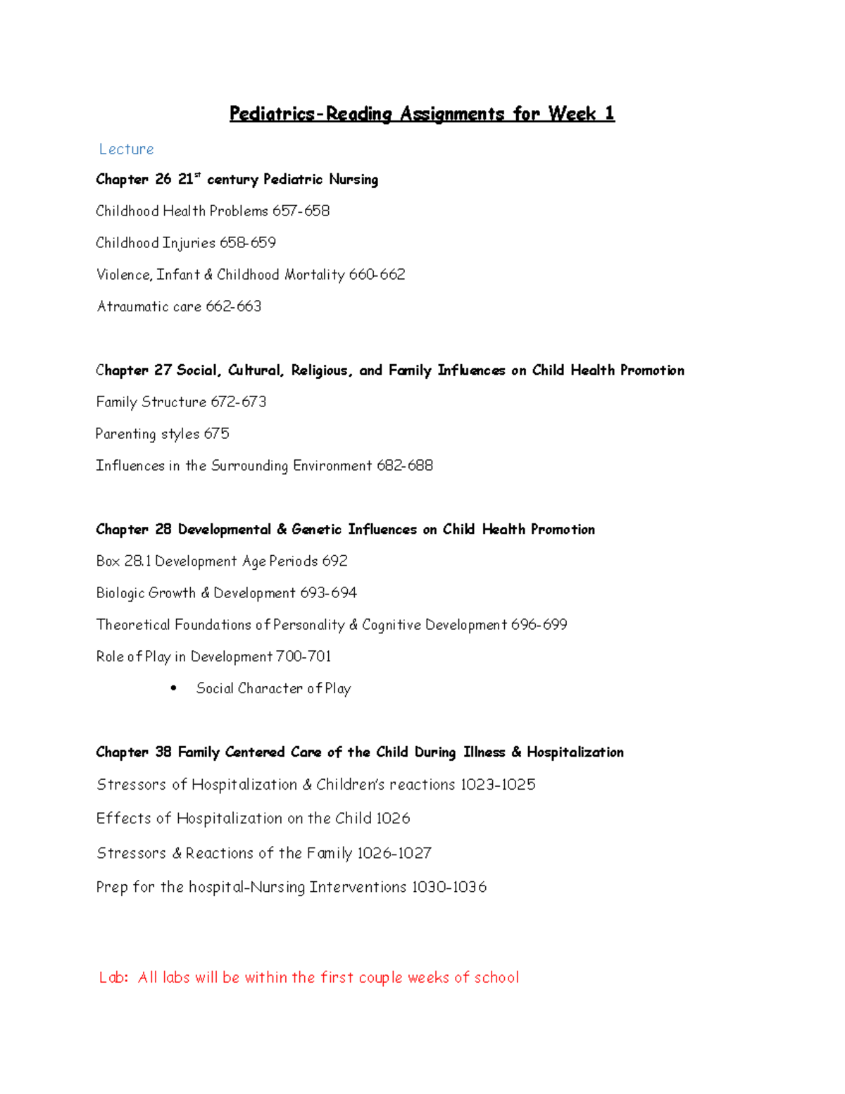 Week 1 Pediatric Reading Assignments - Pediatrics-Reading Assignments ...
