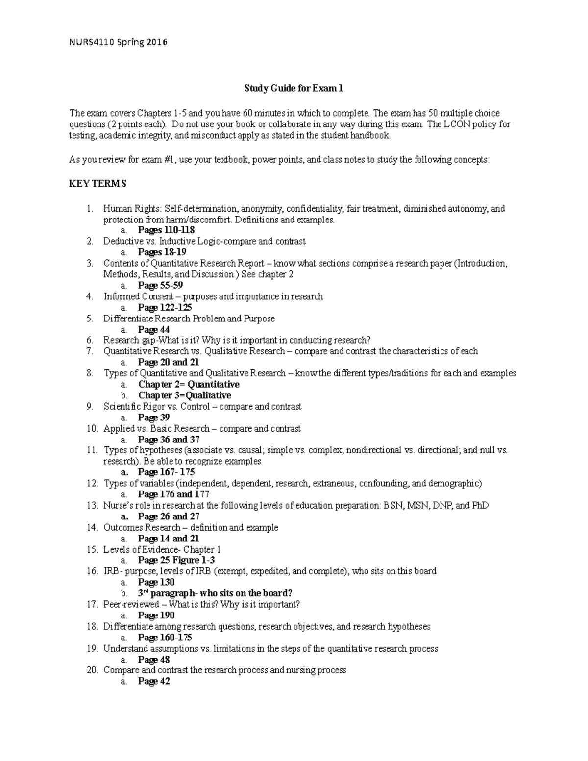 Exam 1 Study Guide - NURS4110 Spring 2016 Study Guide for Exam 1 The ...