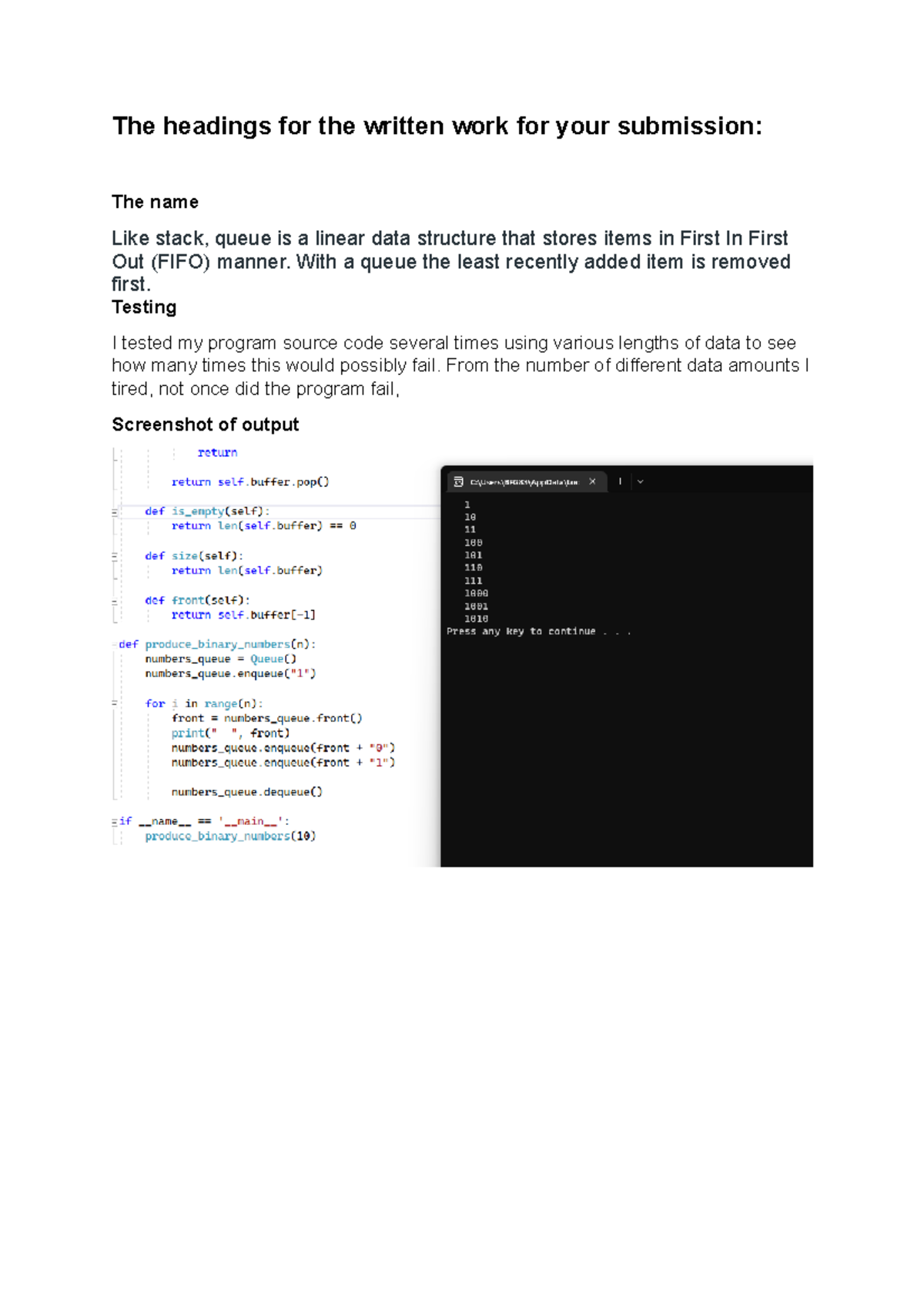 Queues - The headings for the written work for your submission: The ...