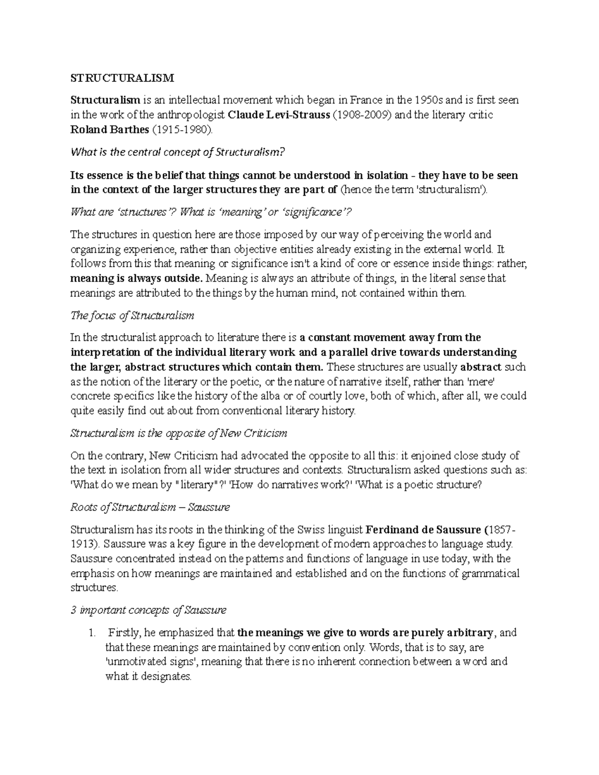 Structuralism - It's a lecture notes - STRUCTURALISM Structuralism is ...