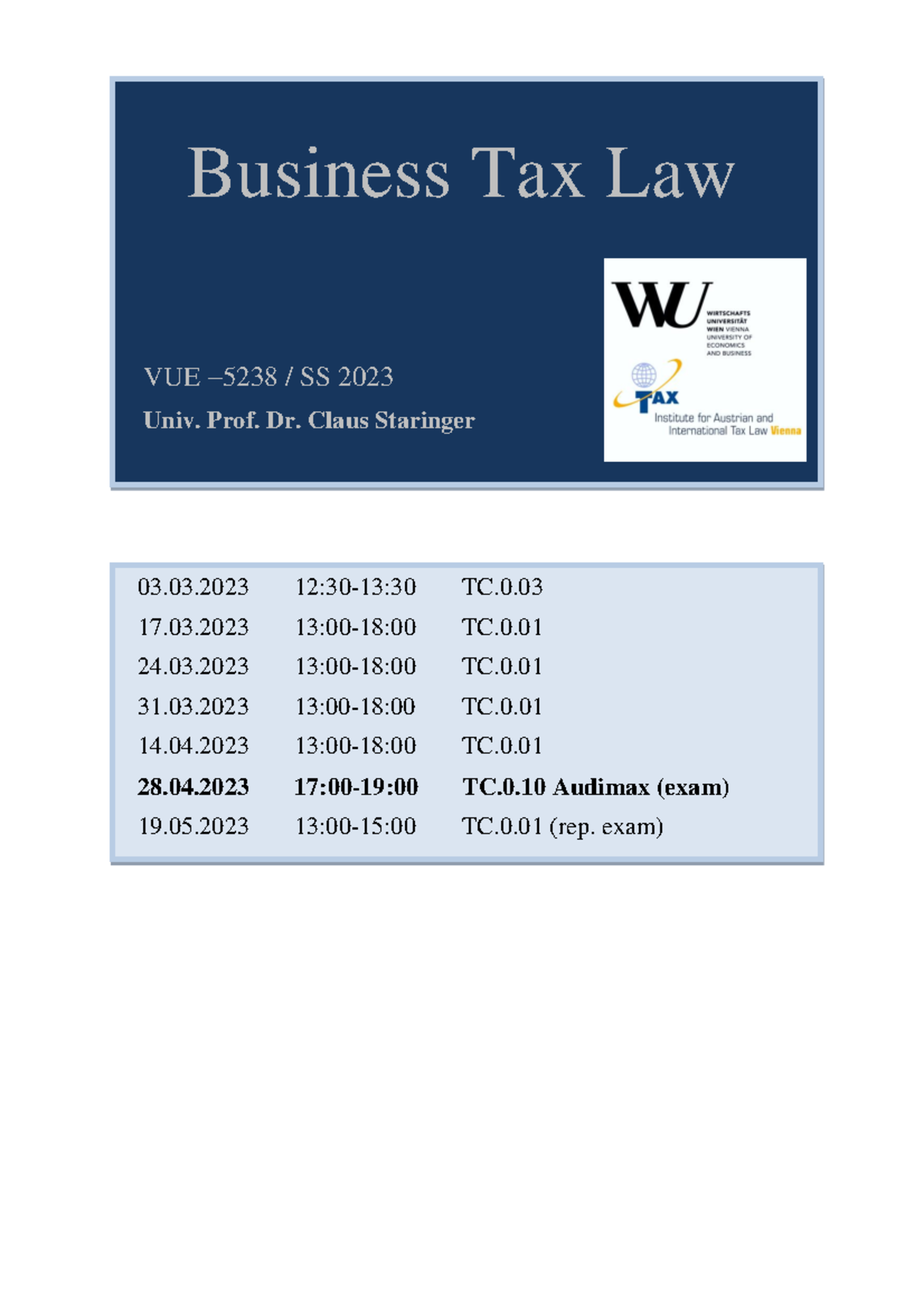 Skriptum Business Tax Law SS2023 - WU Wien - Studocu
