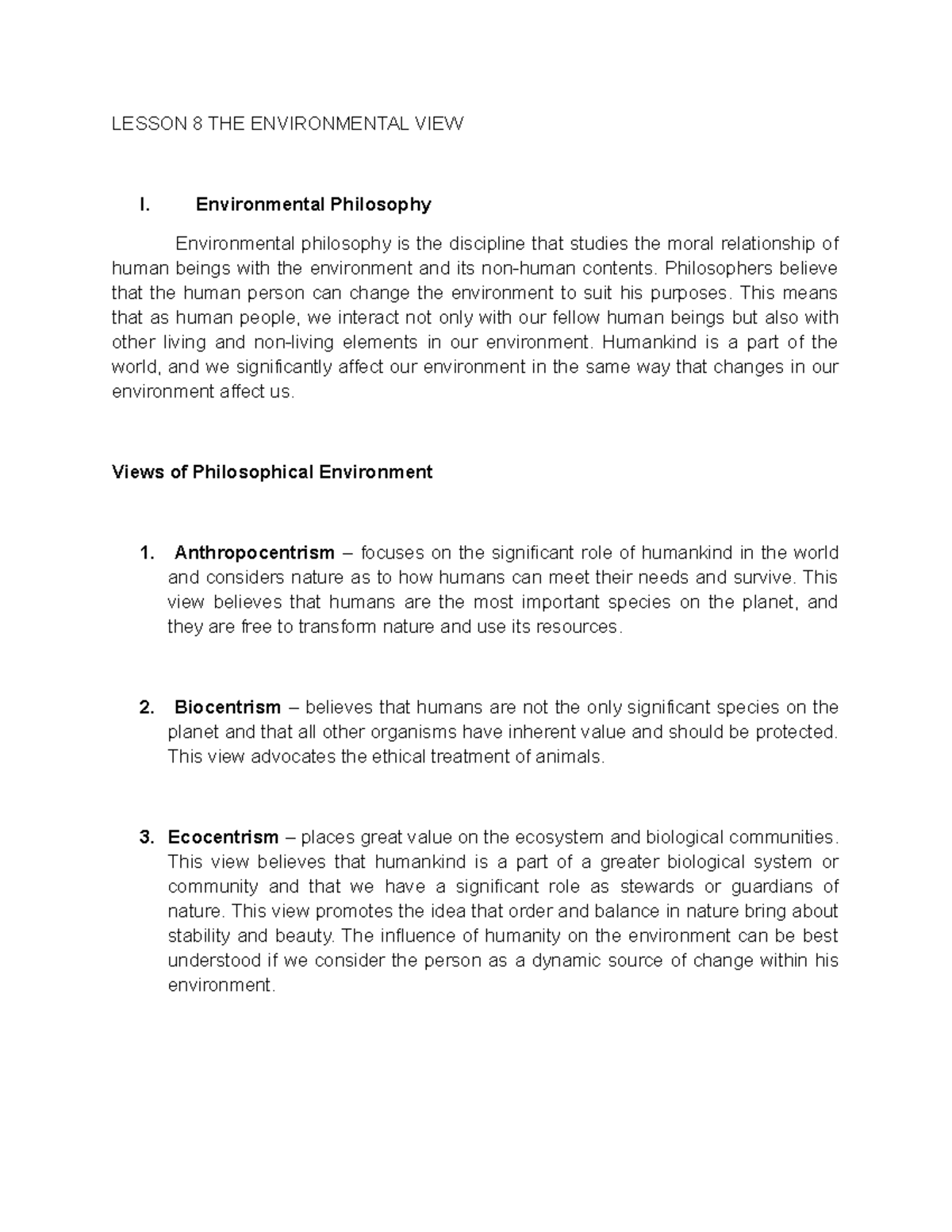 Lesson 8 THE Environmental VIEW - LESSON 8 THE ENVIRONMENTAL VIEW I ...