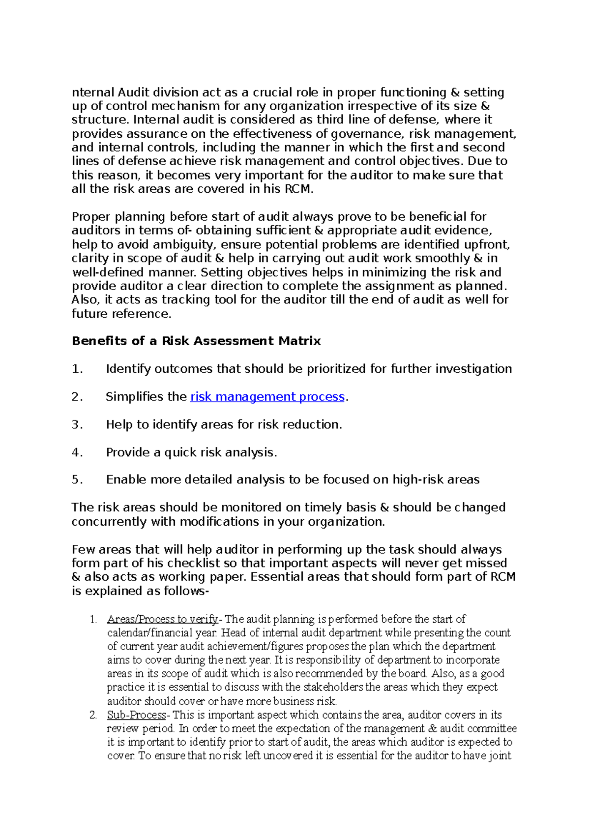 RACM Description - nternal Audit division act as a crucial role in ...