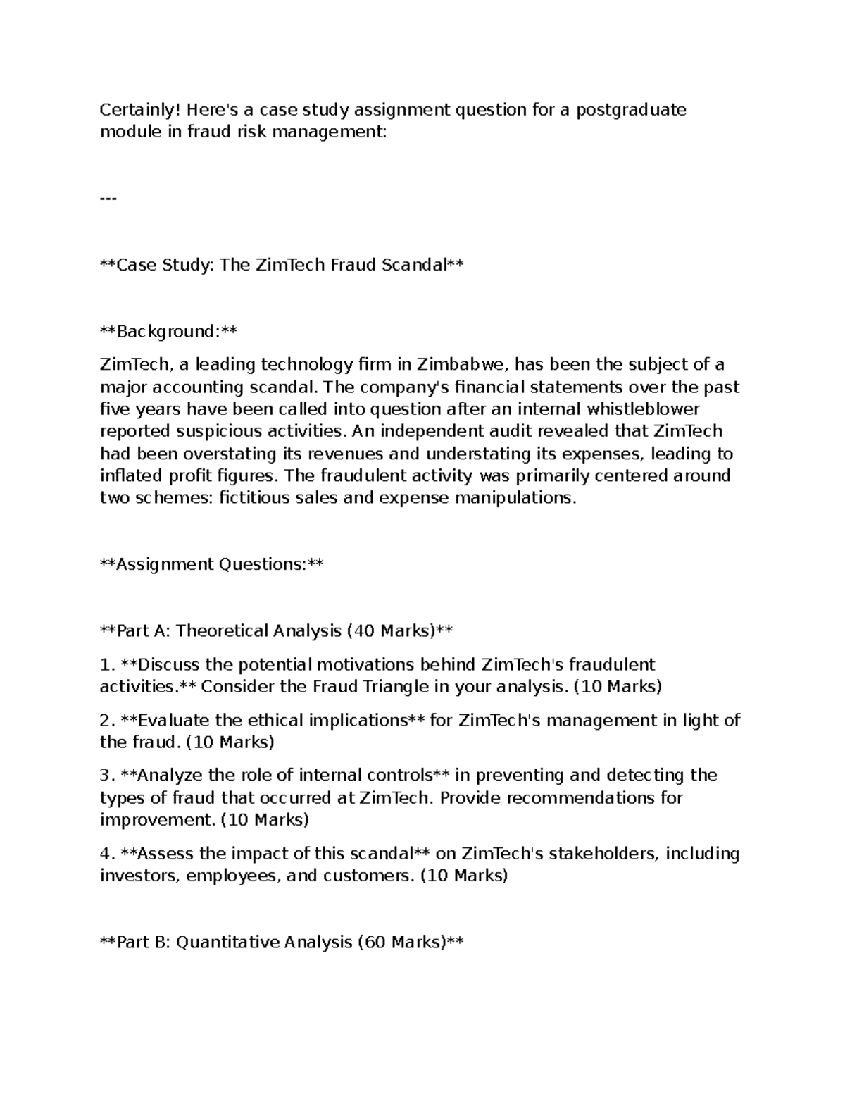 Fraud assignment - Certainly! Here's a case study assignment question ...