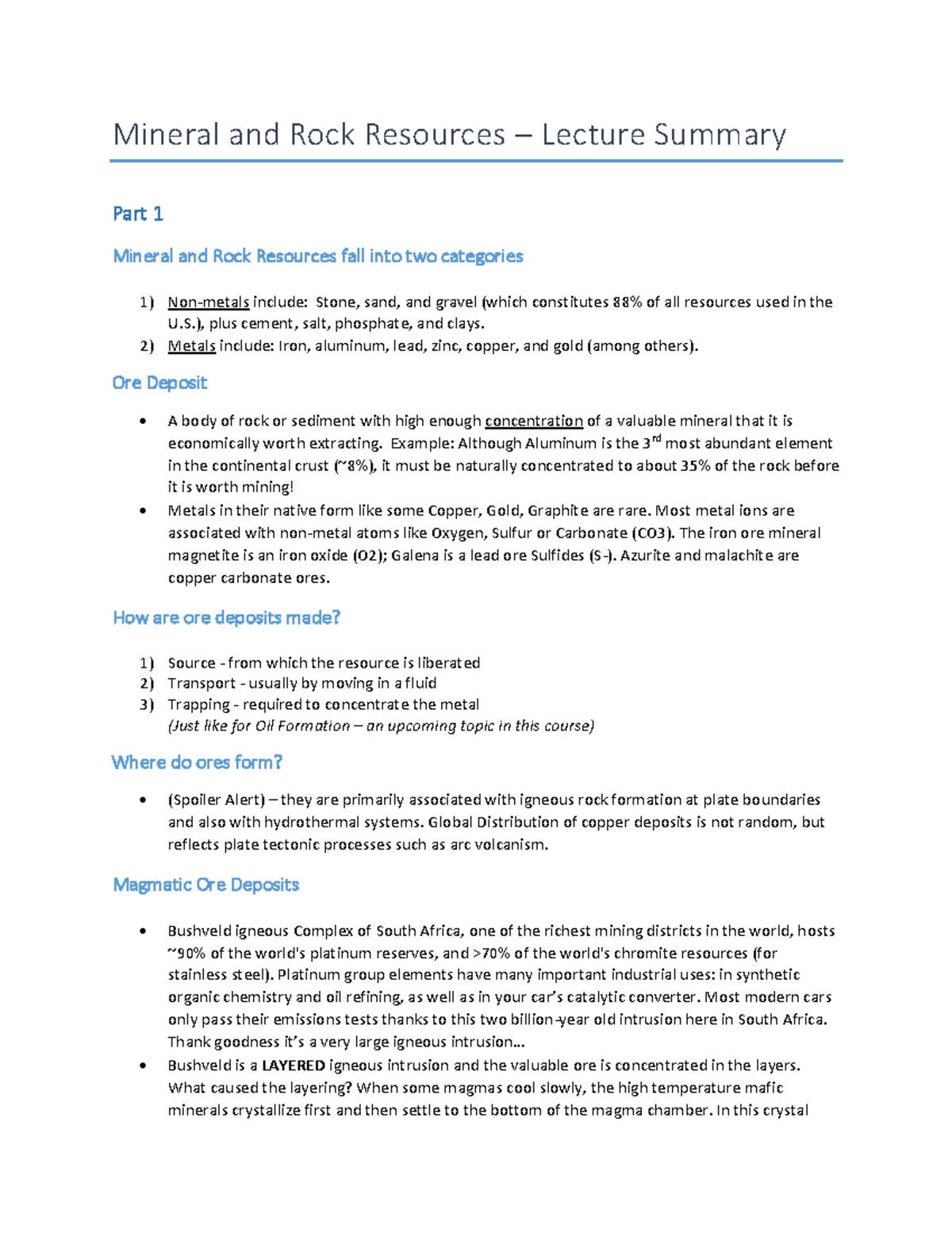 Lecture Summary-Mineral and Rock Resources-GEOL-11040 - Mineral and ...
