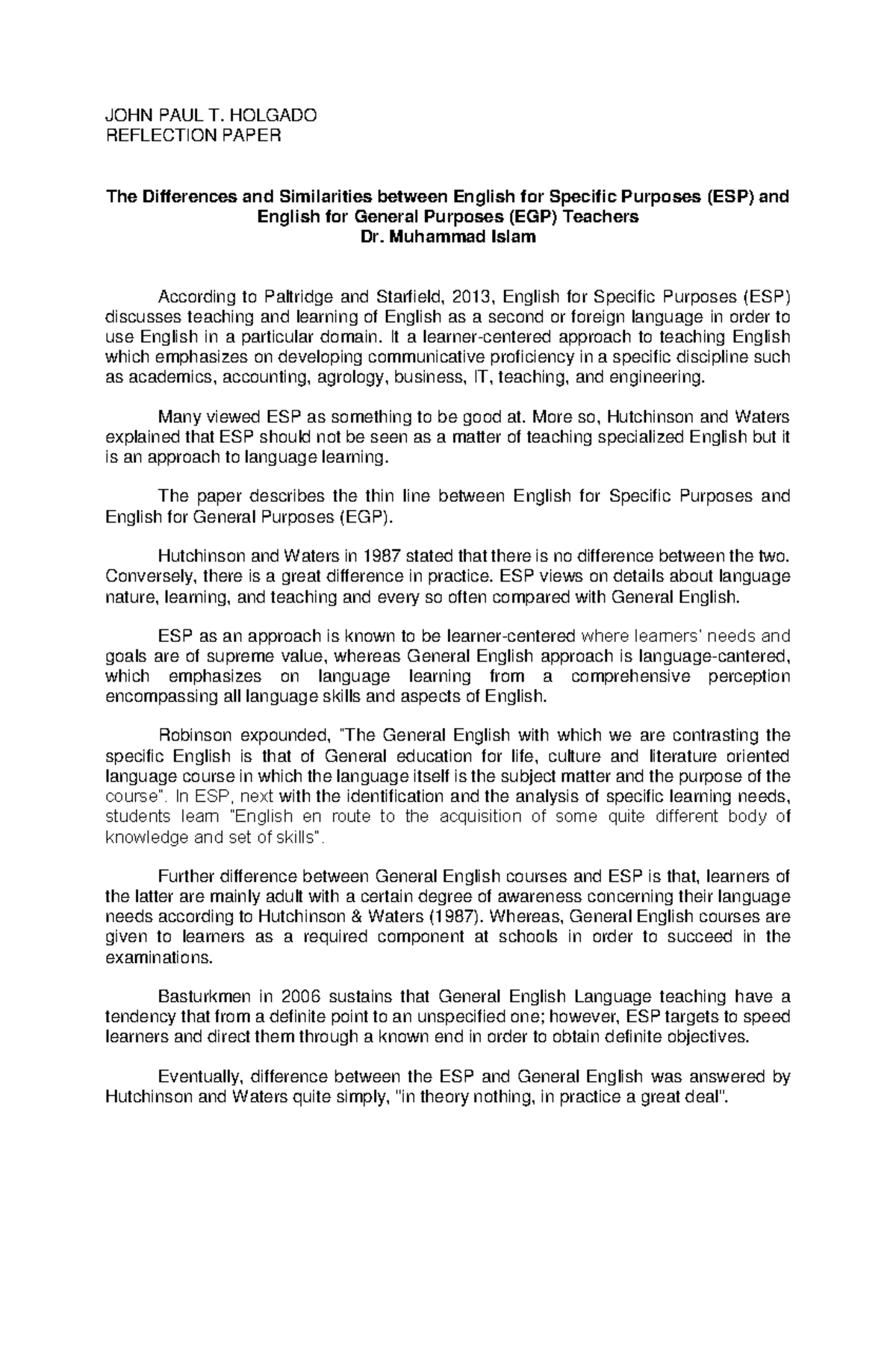 Holgado-Refelection on ESP - JOHN PAUL T. HOLGADO REFLECTION PAPER The ...