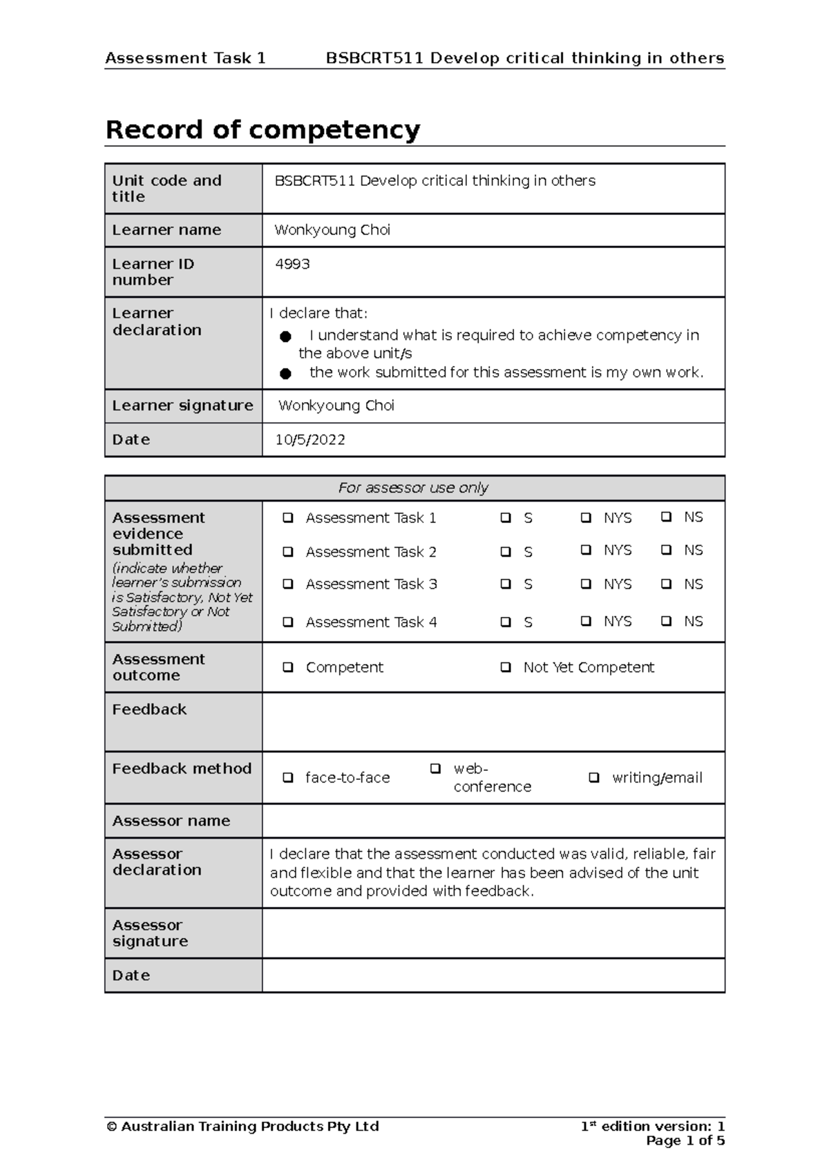 Wonkyoung Bsbcrt 511 - Assessment Task 1 - Record of competency Unit ...