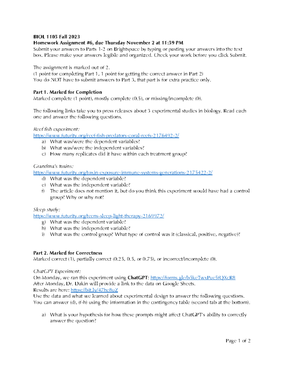 BIOL 1105 06 homework - Assingment - Page 1 of 2 BIOL 1105 Fall 2023 Homework Assignment # 6 ...