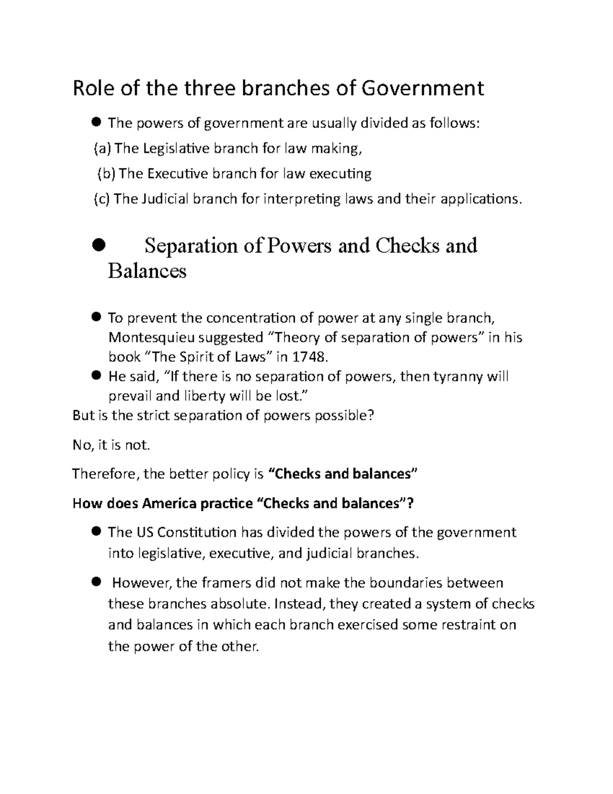 Separation of Powers and Checks and Balances - Role of the three ...