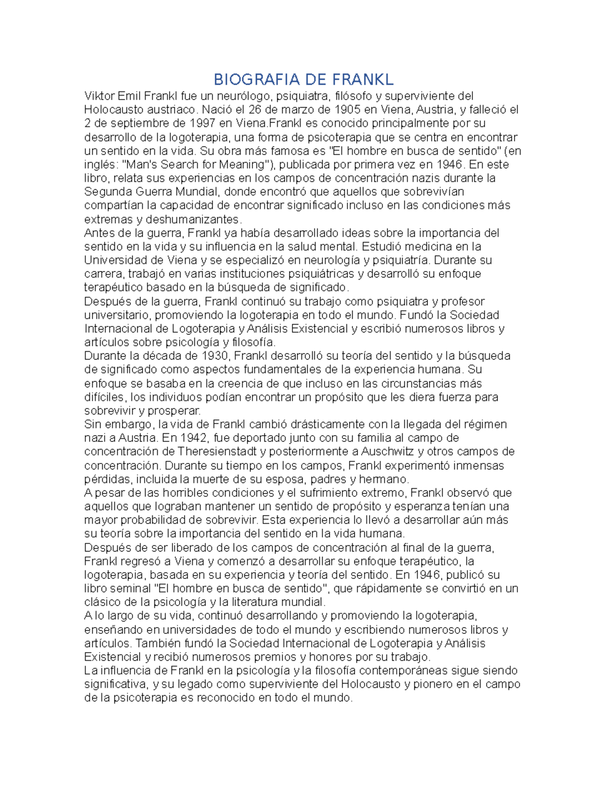 Biografia DE Frankl - BIOGRAFIA DE FRANKL Viktor Emil Frankl fue un ...