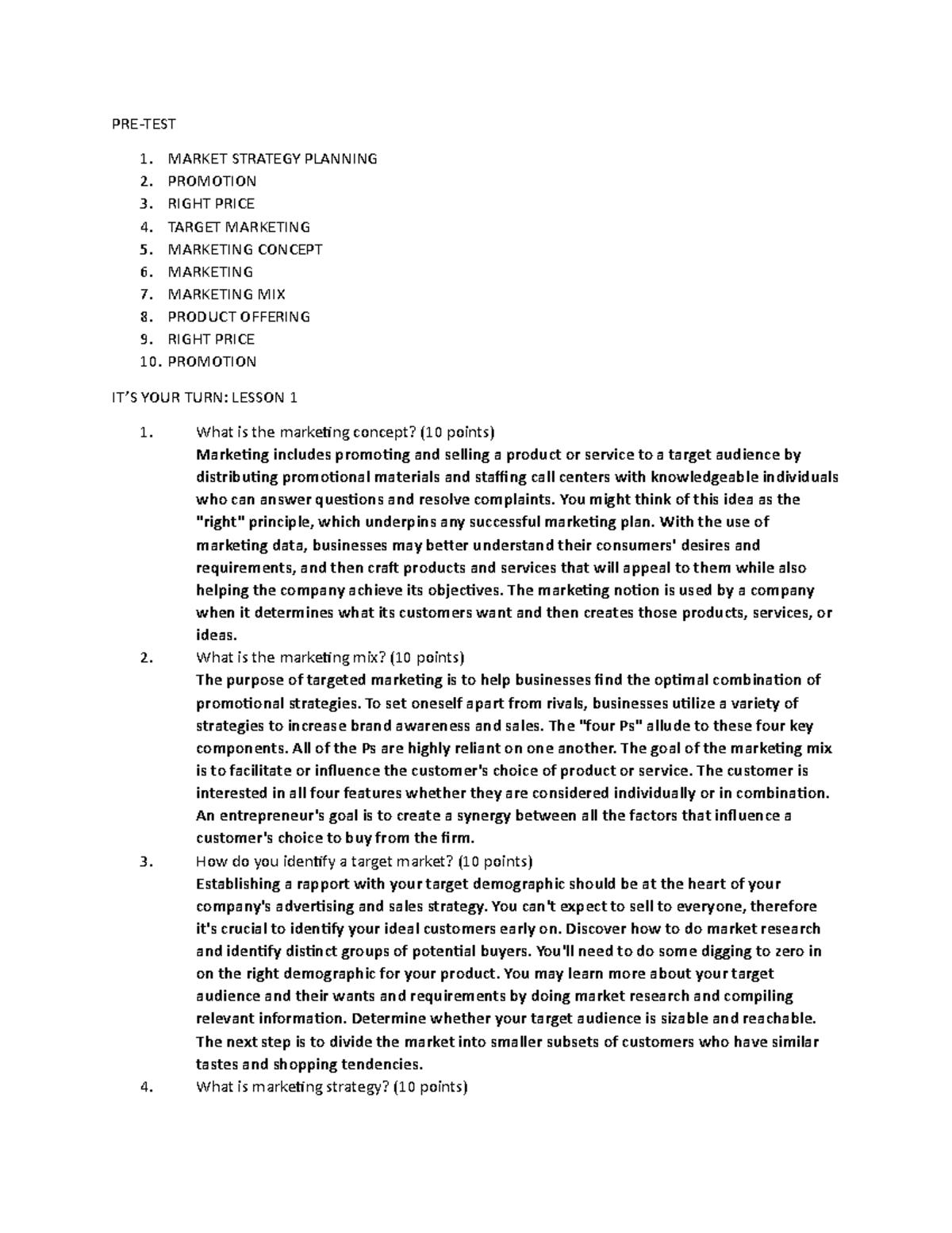Module 6 - aasaaa - PRE-TEST 1. MARKET STRATEGY PLANNING 2. PROMOTION 3 ...