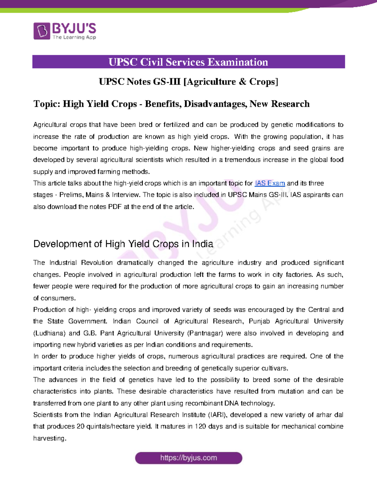High Yield Crops UPSC Notes GS III 2 - UPSC Civil Services Examination ...