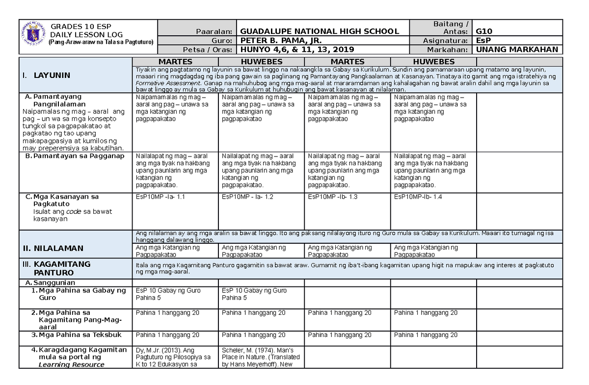 502265875-Dll-Esp-10-1st-Quarter - GRADES 10 ESP DAILY LESSON LOG (Pang ...