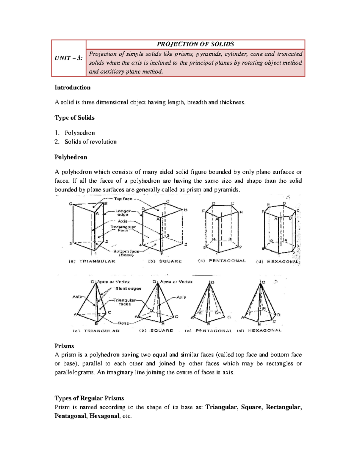 GE3251-EG Unit-III Notes - UNIT – 3 : PROJECTION OF SOLIDS Projection ...