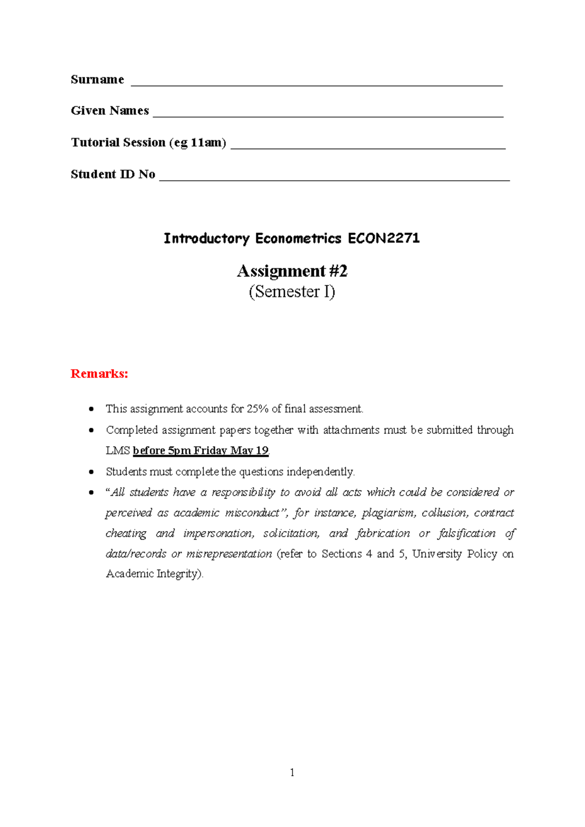 Econometrics Assignment 2 1 Surname