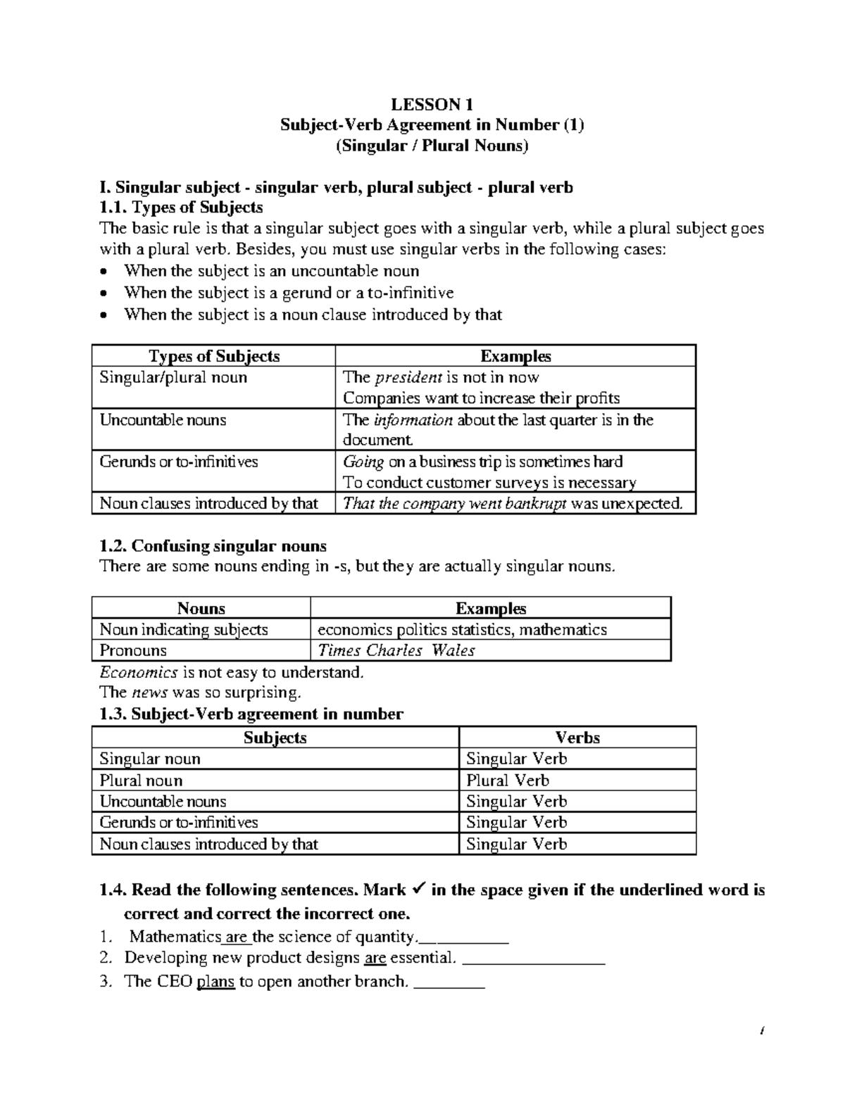Adjusted Reading Level 2 - LESSON 1 Subject-Verb Agreement in Number (1 ...