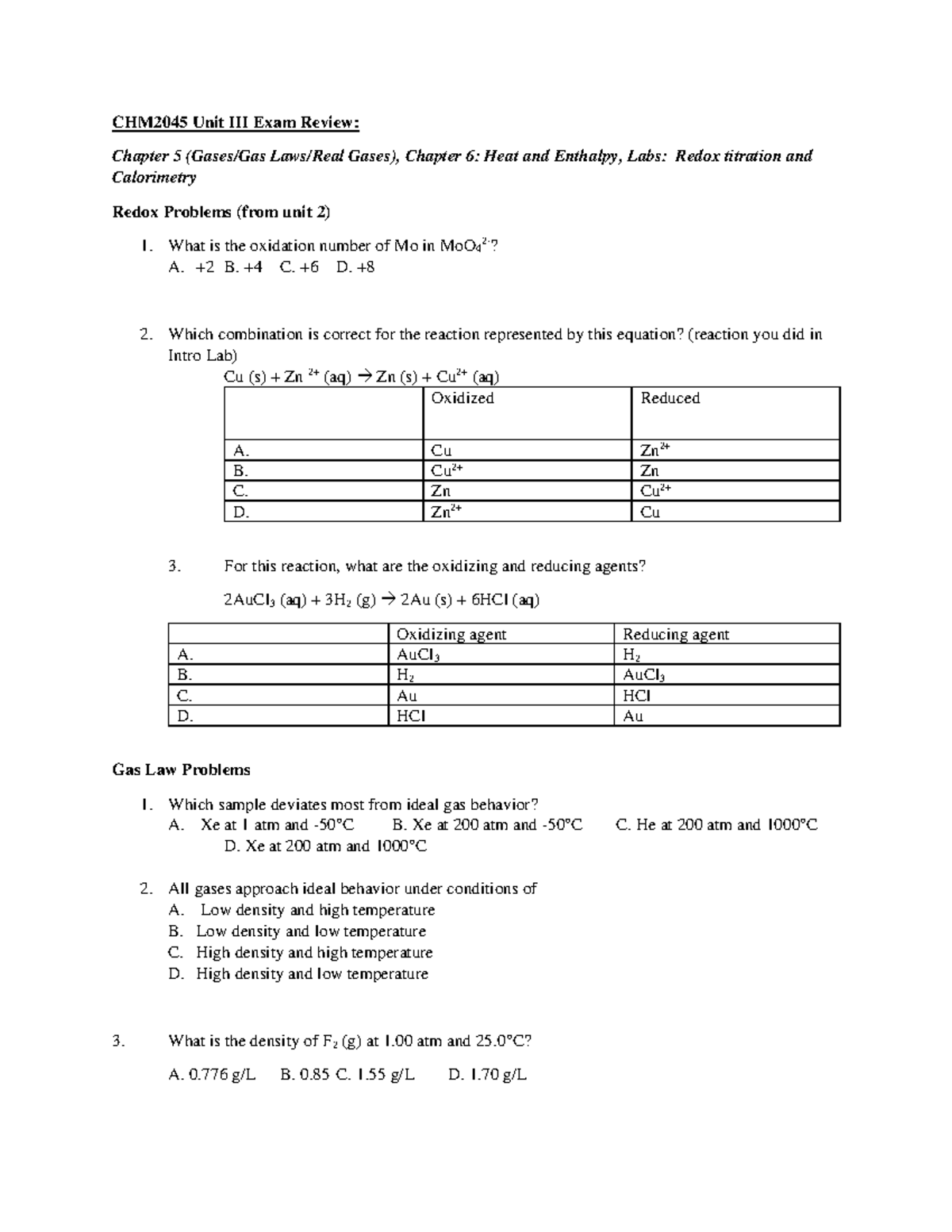 Exam III Review - CHM2045 Unit III Exam Review: Chapter 5 (Gases/Gas ...