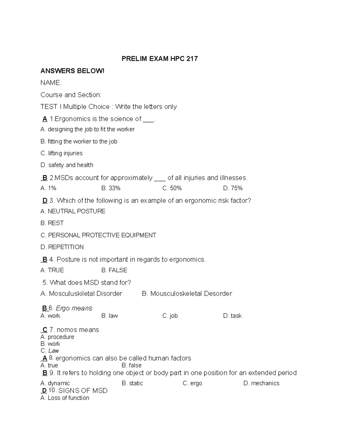HPC 217 reviewer PRELIM - PRELIM EXAM HPC 217 ANSWERS BELOW! NAME ...