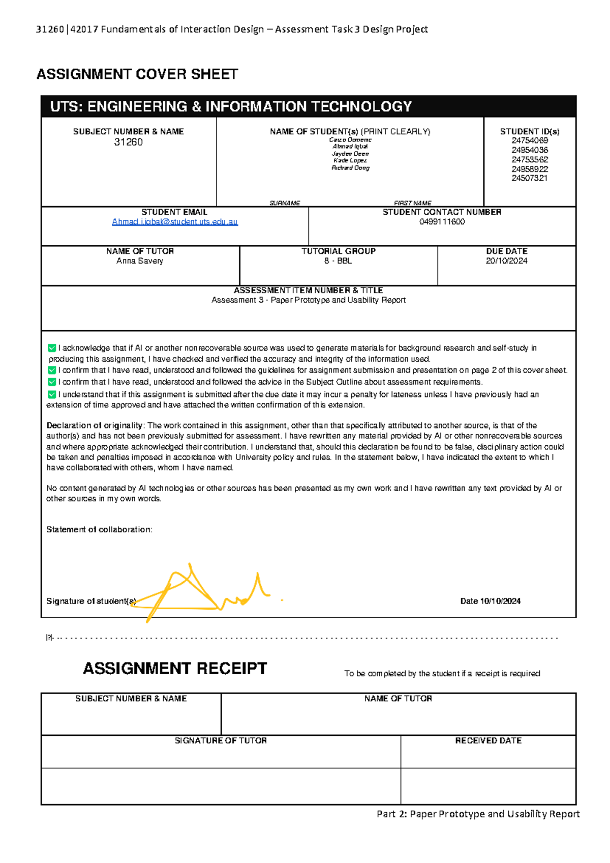 AT3 - Paper Prototype AND Usability Report - ASSIGNMENT COVER SHEET UTS ...