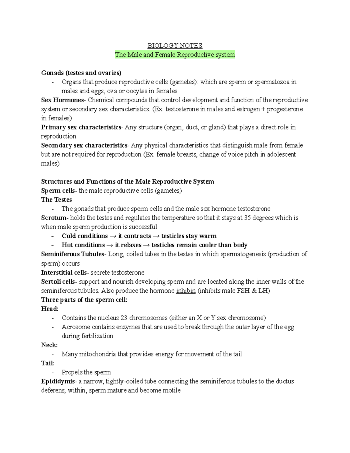Biology Notes -3 - BIOLOGY NOTES The Male and Female Reproductive ...