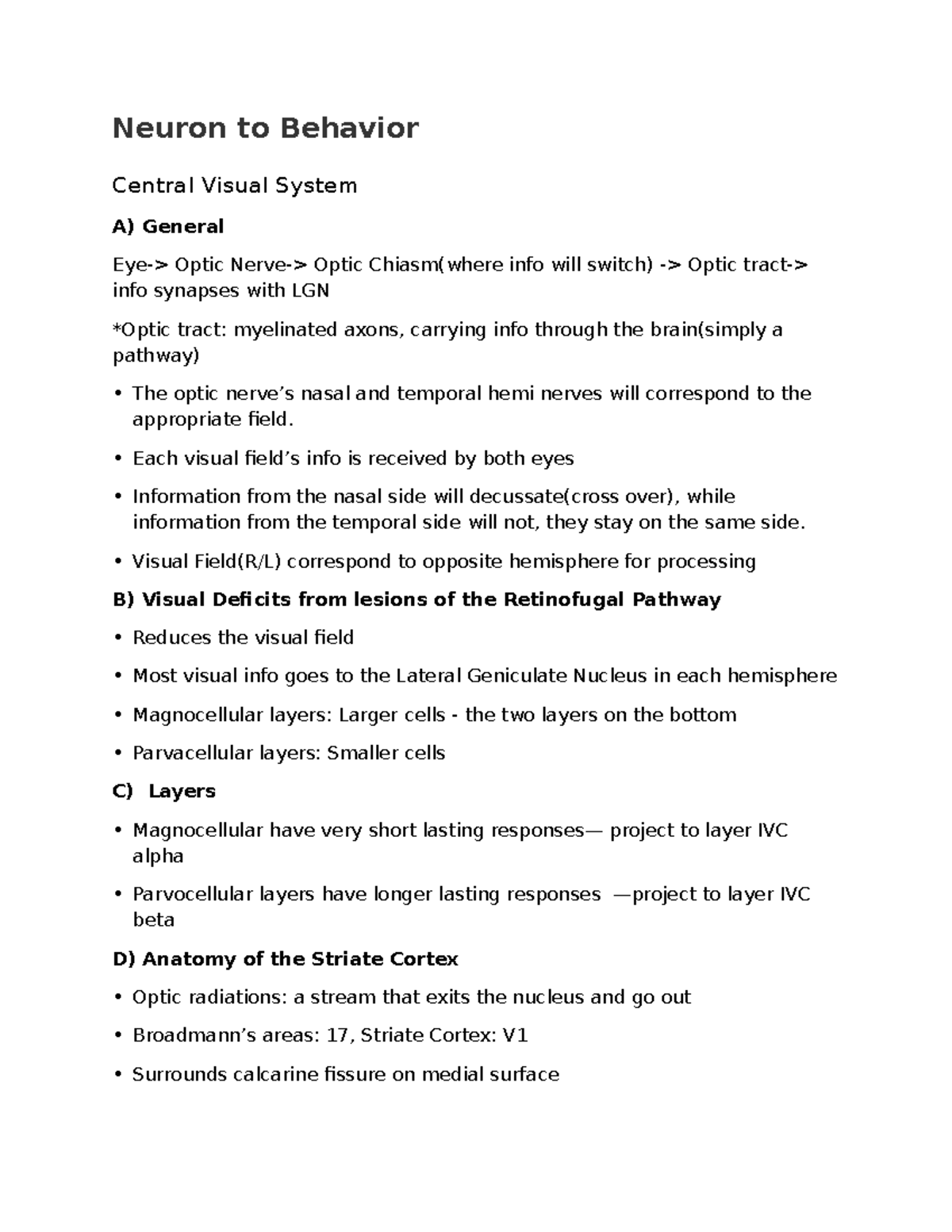 Neuron to Behavior Lectures 10 and 11 - Neuron to Behavior Central ...