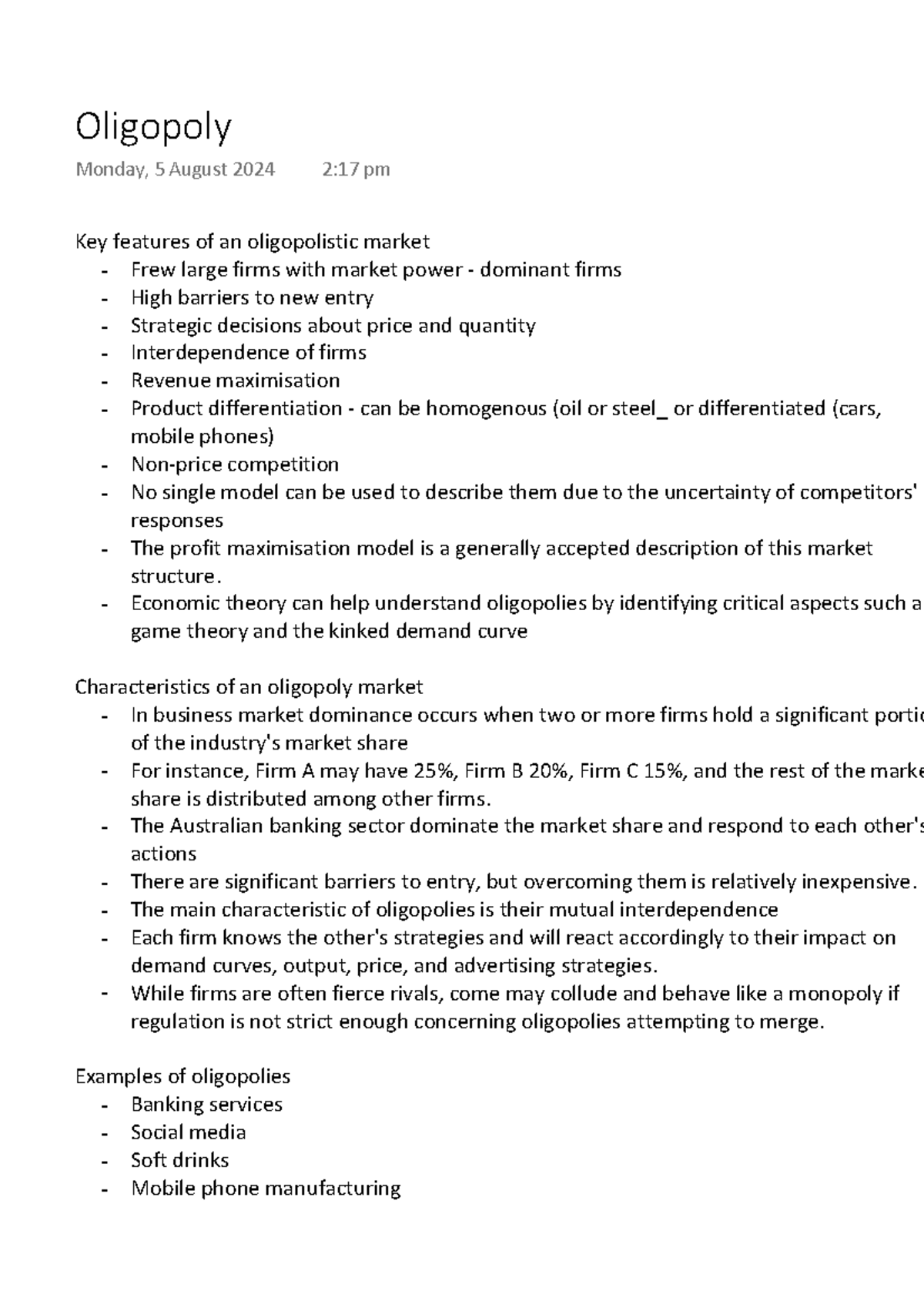 Oligopoly - Key features of an oligopolistic market Frew large firms ...
