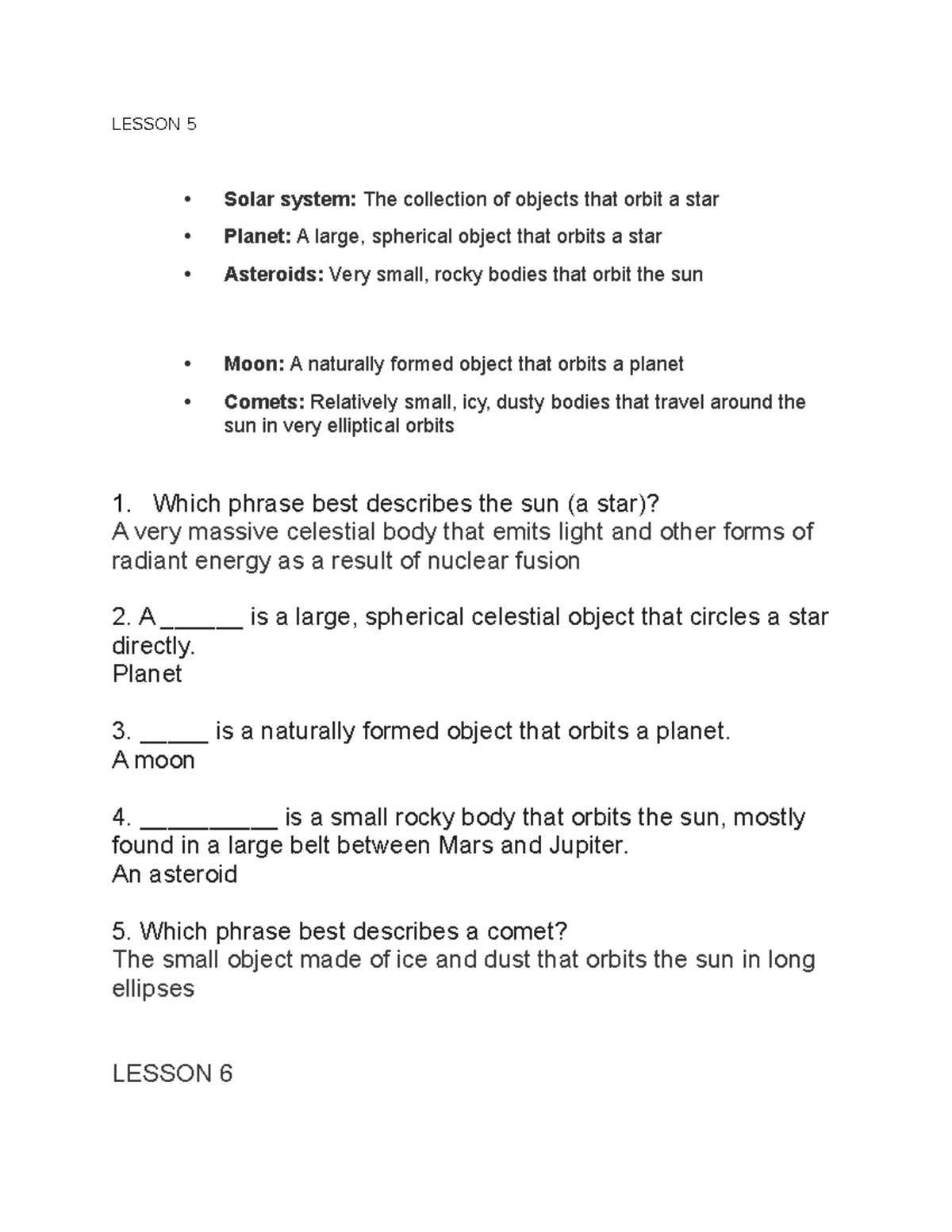 Earth and Sky lessons 5-6 Lessons 1-6 Summary - LESSON 5 - Solar system ...