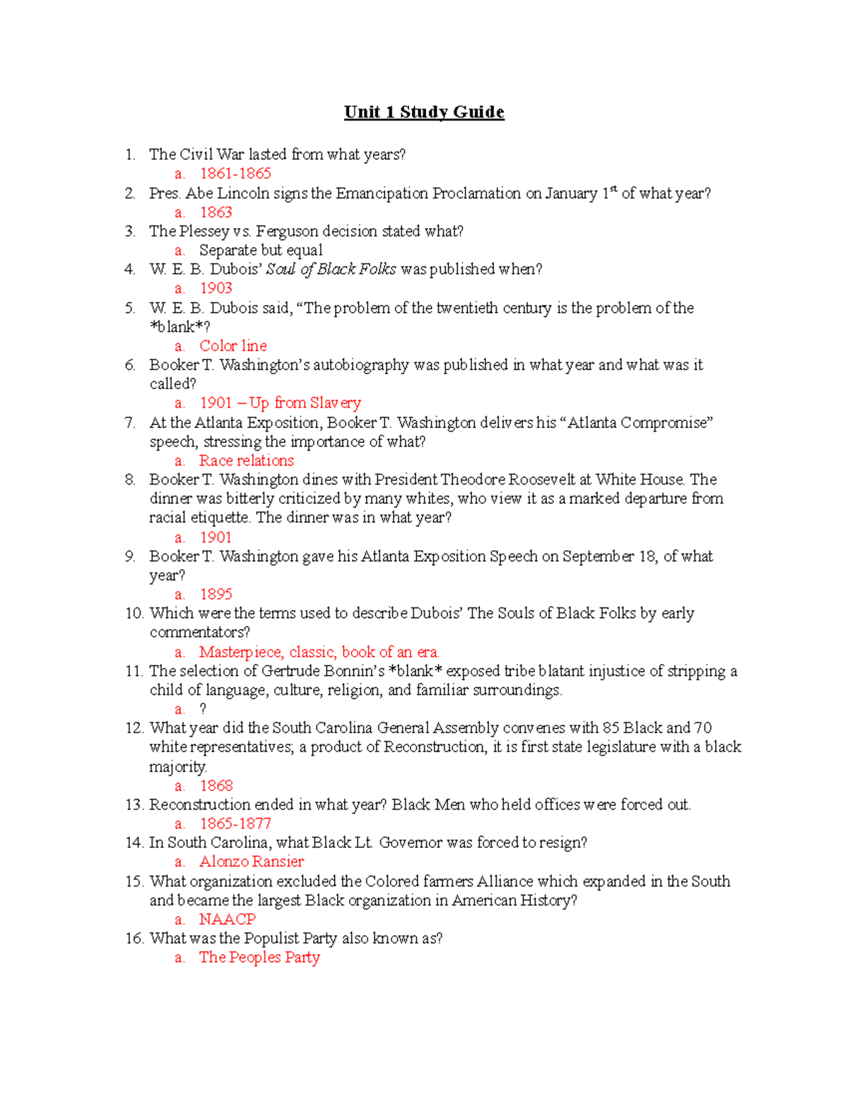 Unit 1 Study Guide - Unit 1 Study Guide The Civil War lasted from what ...