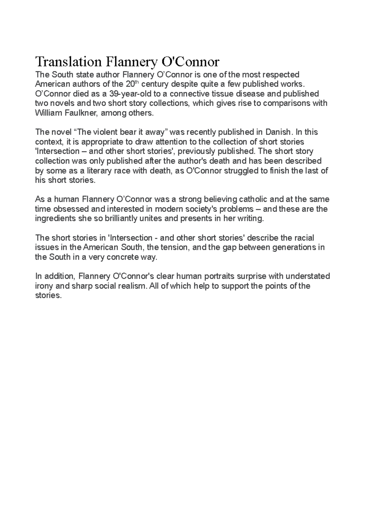 Translation Flannery O - Translation Flannery O'Connor The South state ...