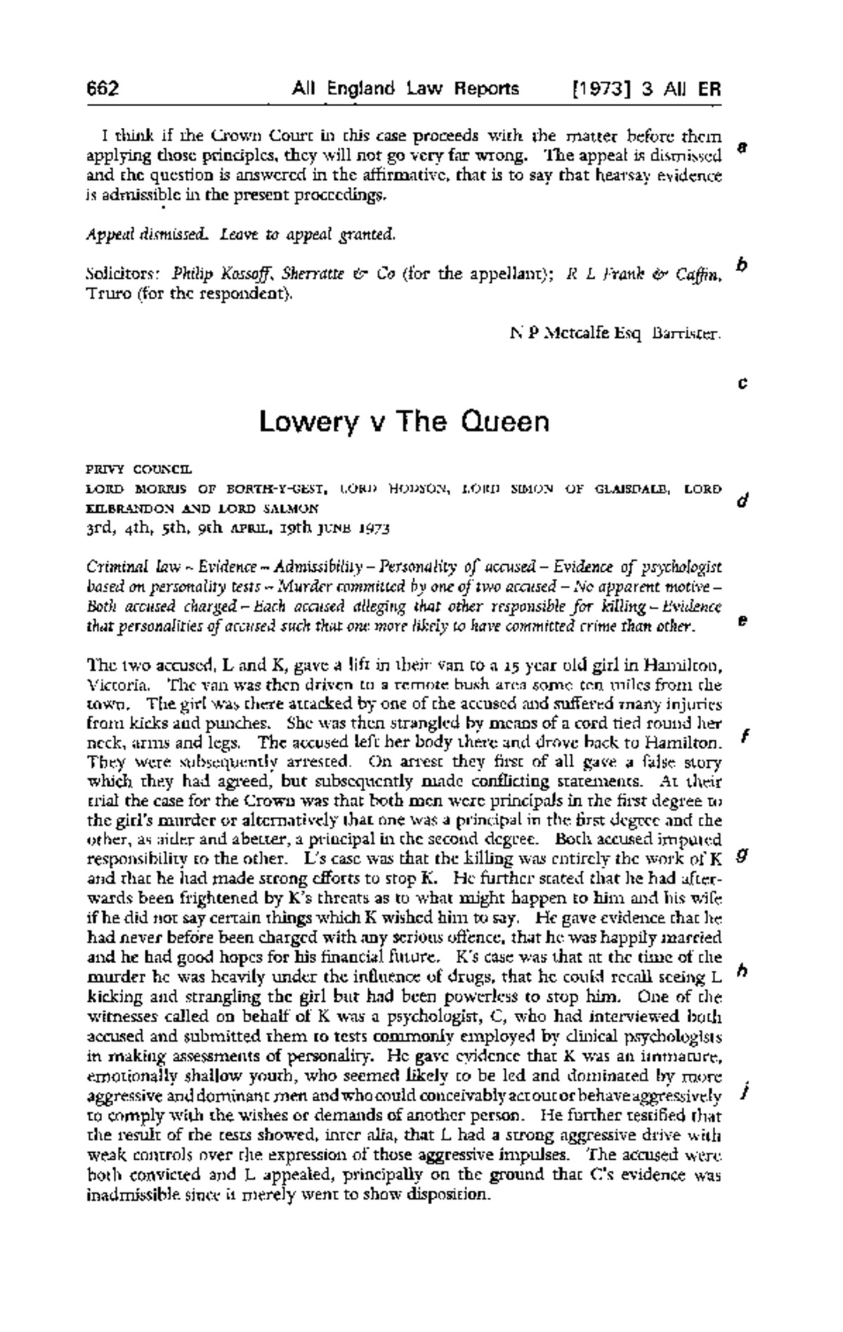 Lowery v The Queen [1973] 3 All ER 662 - Law of evidence - Studocu