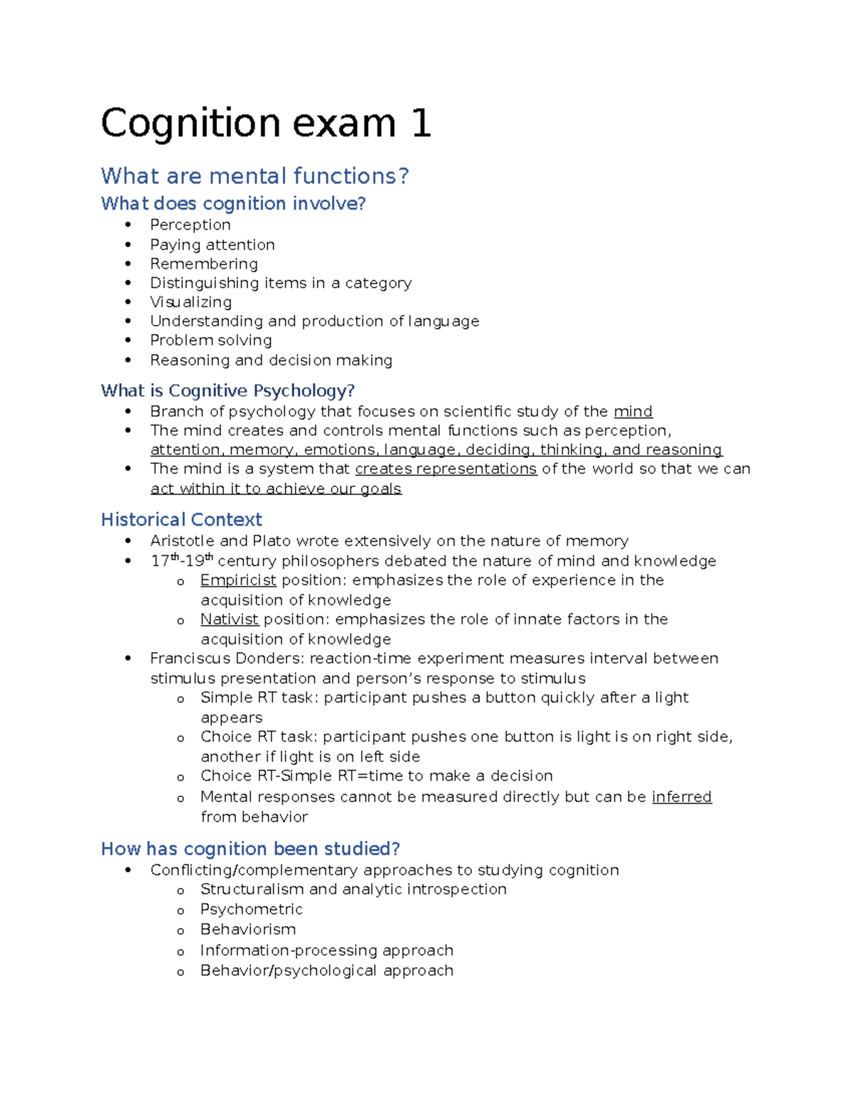 Cognition exam 1 - all chapters and lectures up to exam 1 - Cognition ...
